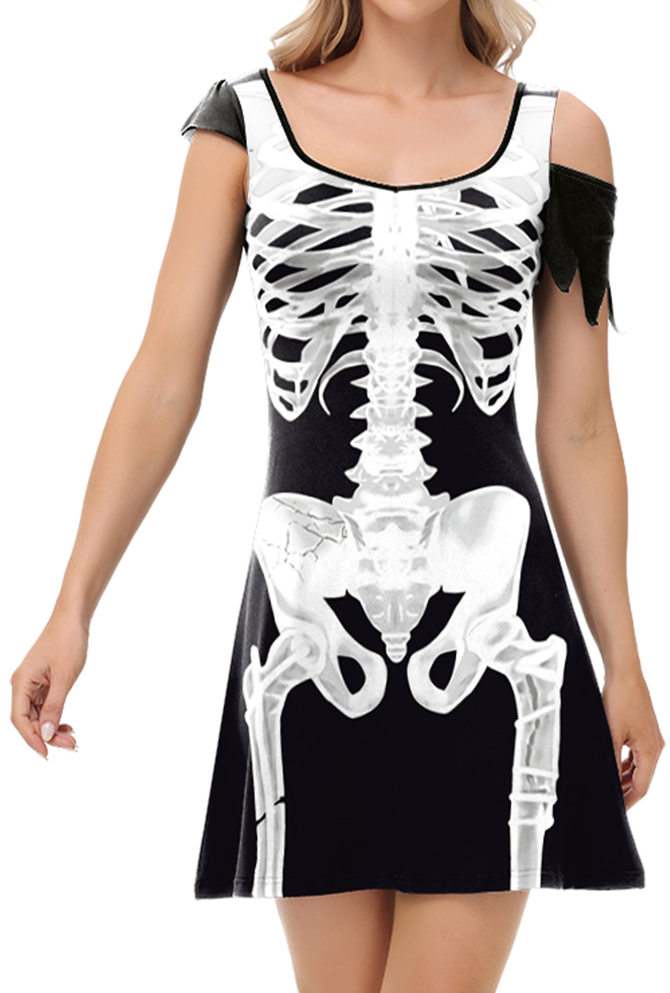 FEOYA Women Skeleton Costume Dress Ladies Irregular 3D Dress Anatomy Bones Dress Digital Printed ...