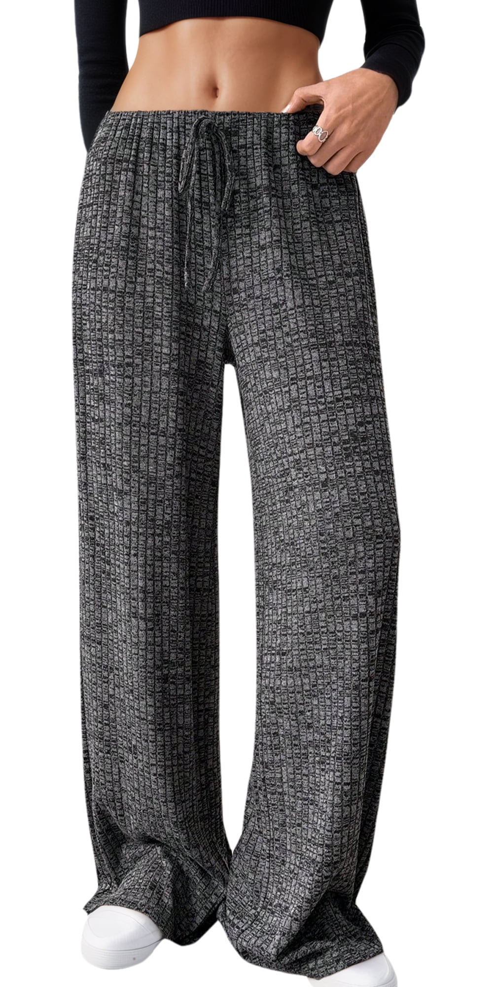 FEOYA Women Striped Pants Wide Leg Casual Cotton Sweatpants Ladies Elastic Waist Pants ...