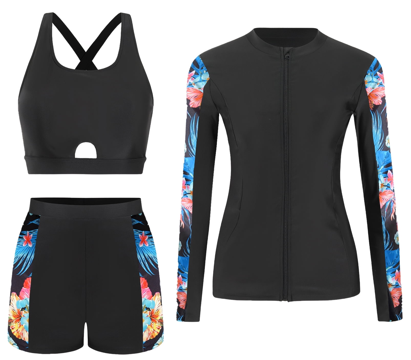 FEOYA Women’s 3 Piece Long Sleeve Rash Guard Swimsuits with Built-in ...