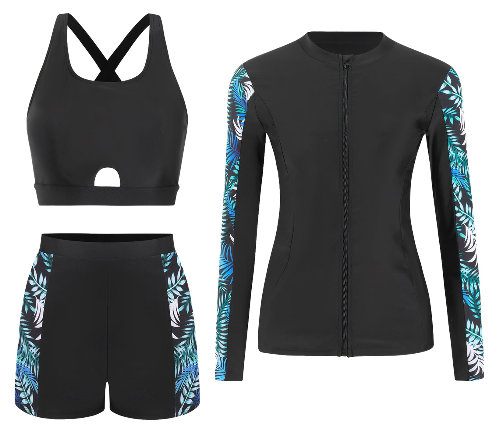 FEOYA Women’s 3 Piece Rash Guard Swimsuits Bathing Suit Surfing Long ...