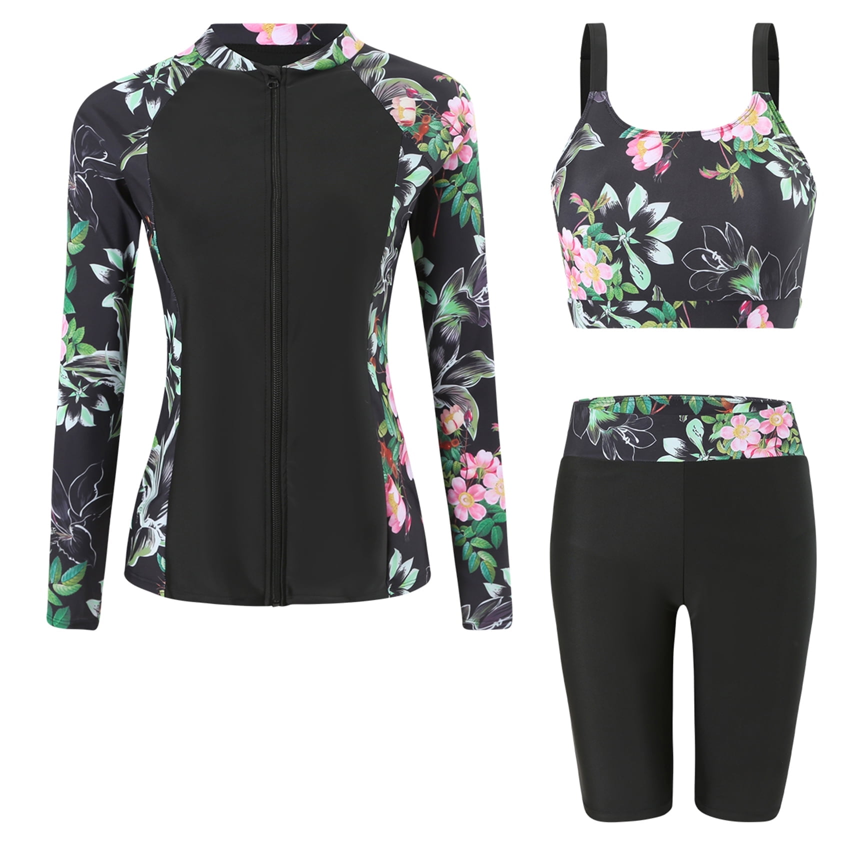 FEOYA Women's 3 Piece Swimsuits Long Sleeve Athletic Rash Guard Zip ...
