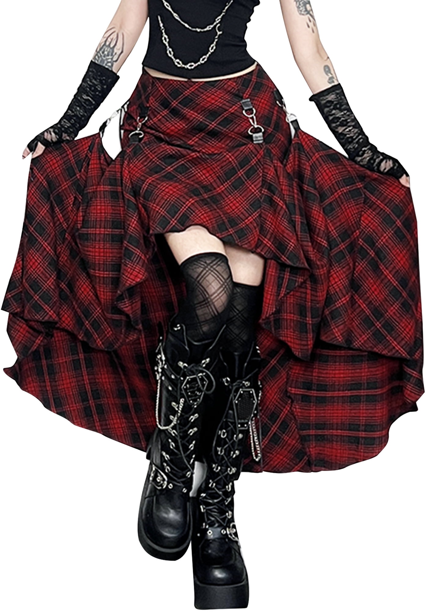 FEOYA Womens Goth Skirt Irregular punk Asymmetrical Skirt Ladies Plaid Pleated Y2K Skirt Grunge ...