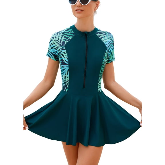 Ecqkame Women's One Piece Swimsuit Rash Guard Zip Front Short Sleeve ...