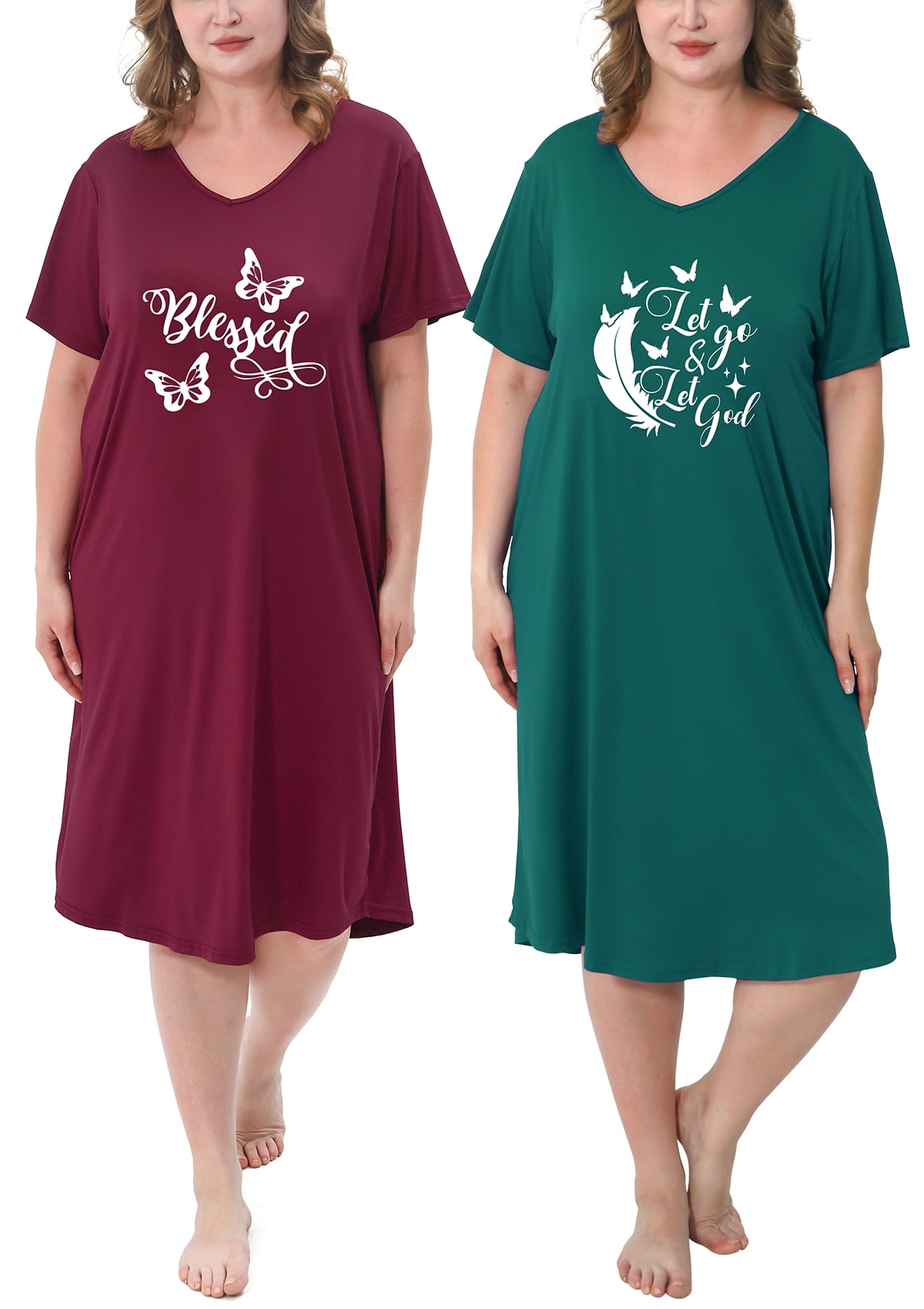 FEREMO 2 Pack Plus Size Nightgowns for Women Short Sleeve Printed Sleepwear - Walmart.com