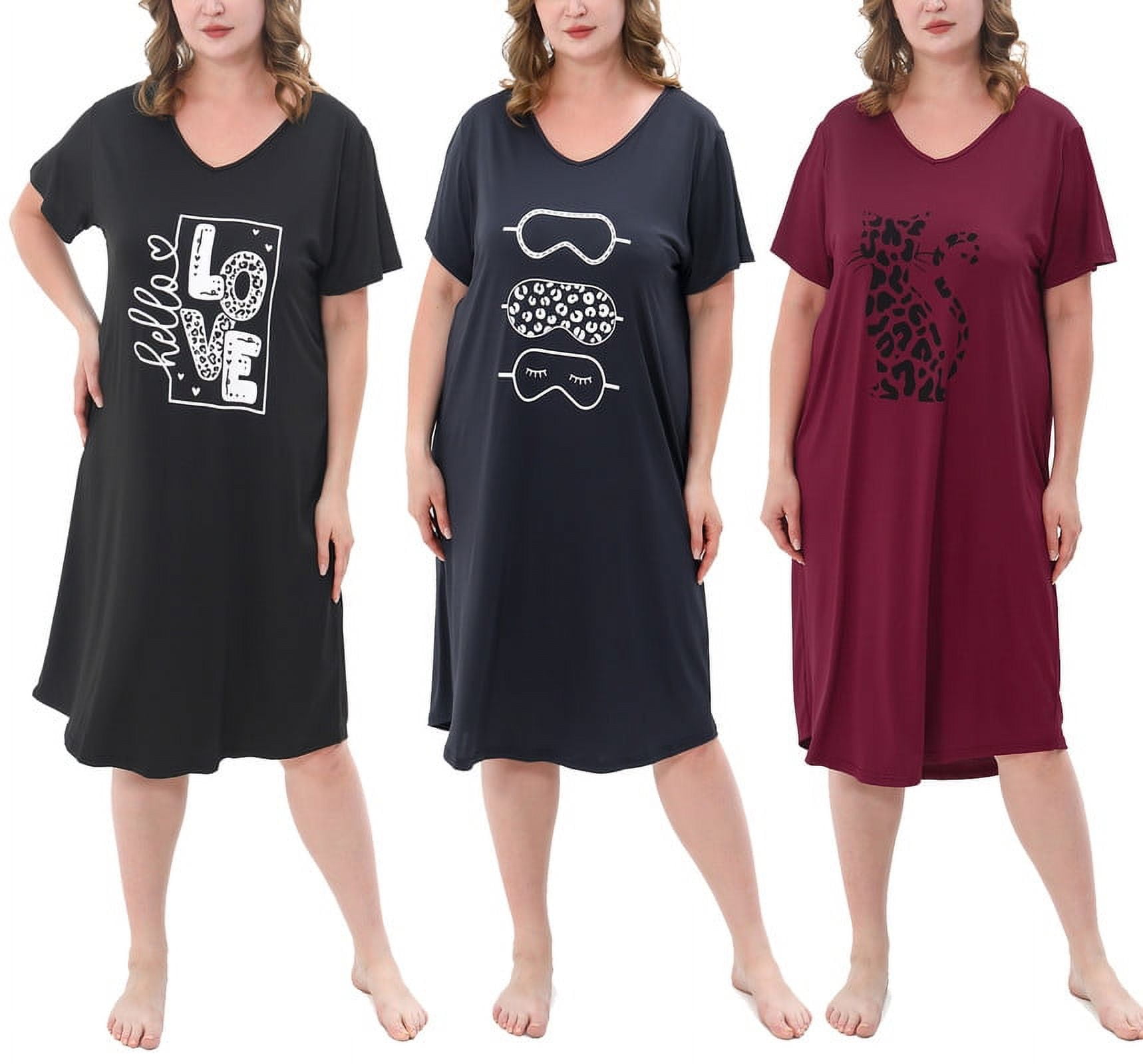FEREMO 3 Pack Plus Size V Neck Nightgowns, Printed Sleepwear Loose ...
