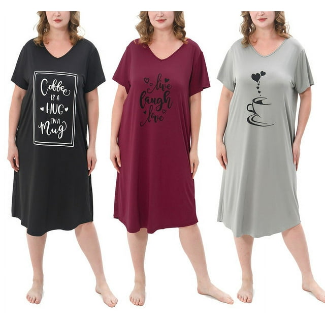 FEREMO 3 Pack Women's Plus Size V Neck Loungewear Nightshirts, Printed ...