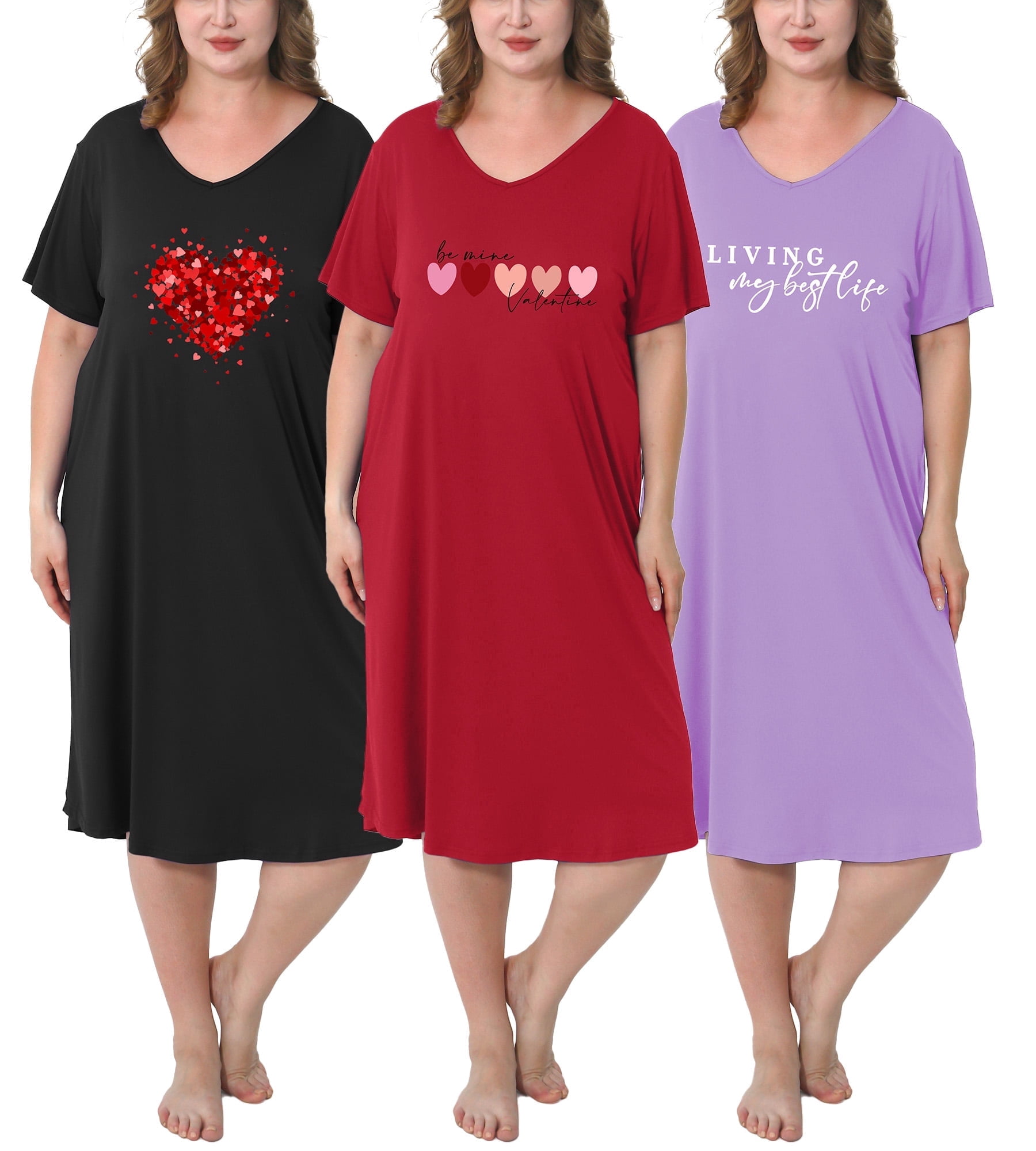 FEREMO 3 Pack Nightgowns for Women Plus Size Valentine V Neck Printed ...