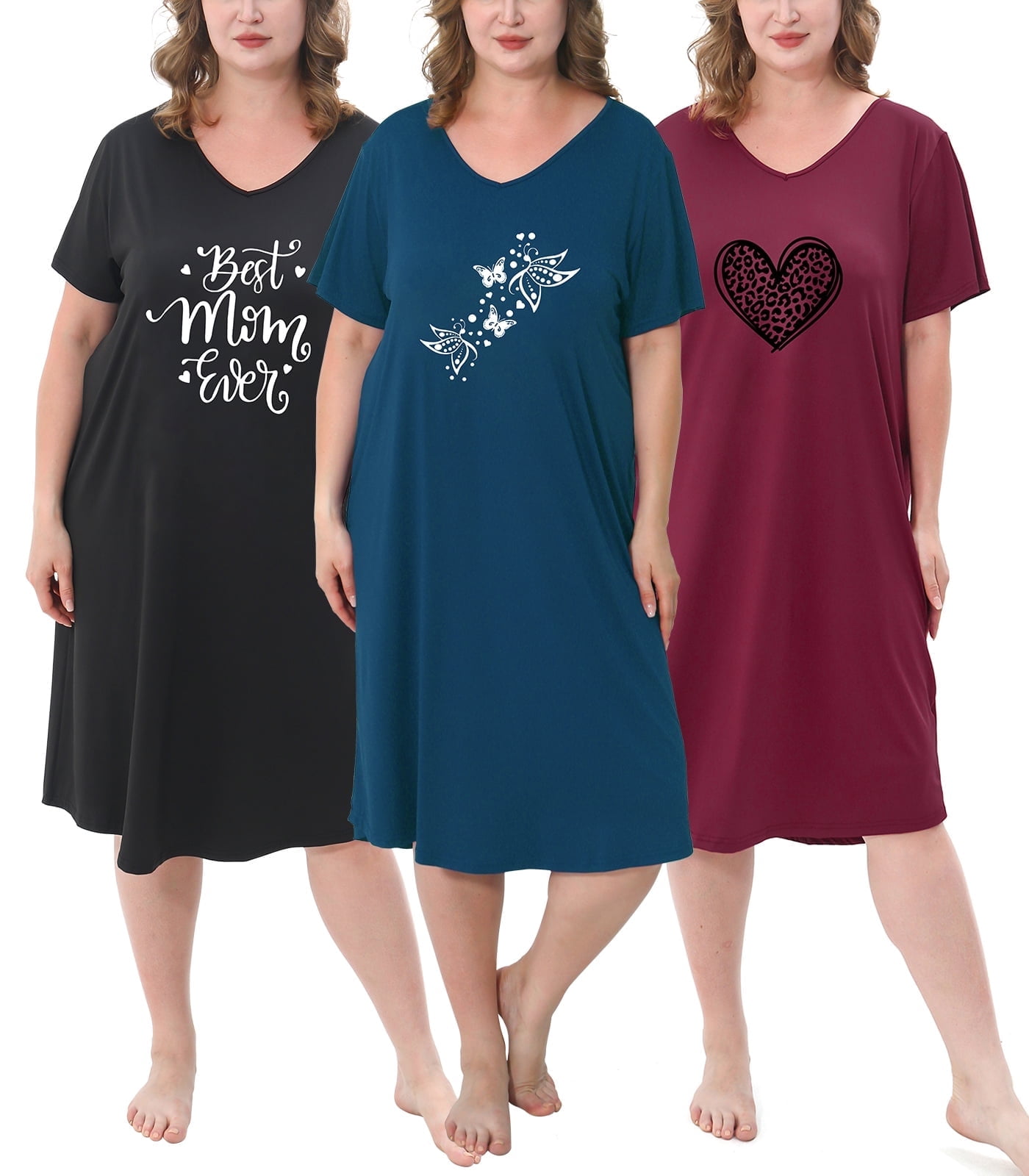 FEREMO 3 Pack Nightgowns for Women Plus Size V Neck Printed Sleepwear ...