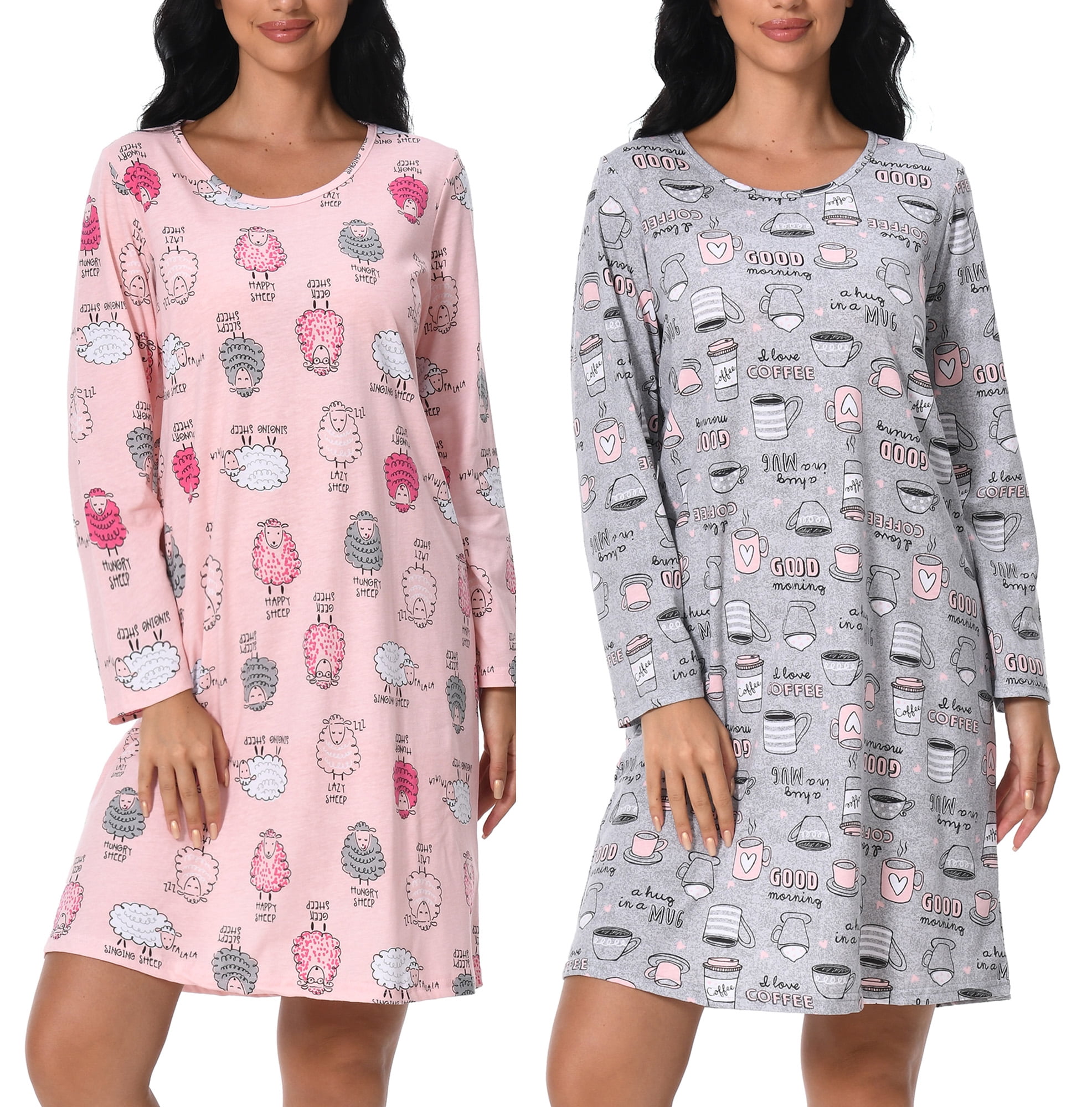 FEREMO Long Sleeve Nightgowns for Women Cotton Printed Sleepshirt Soft ...