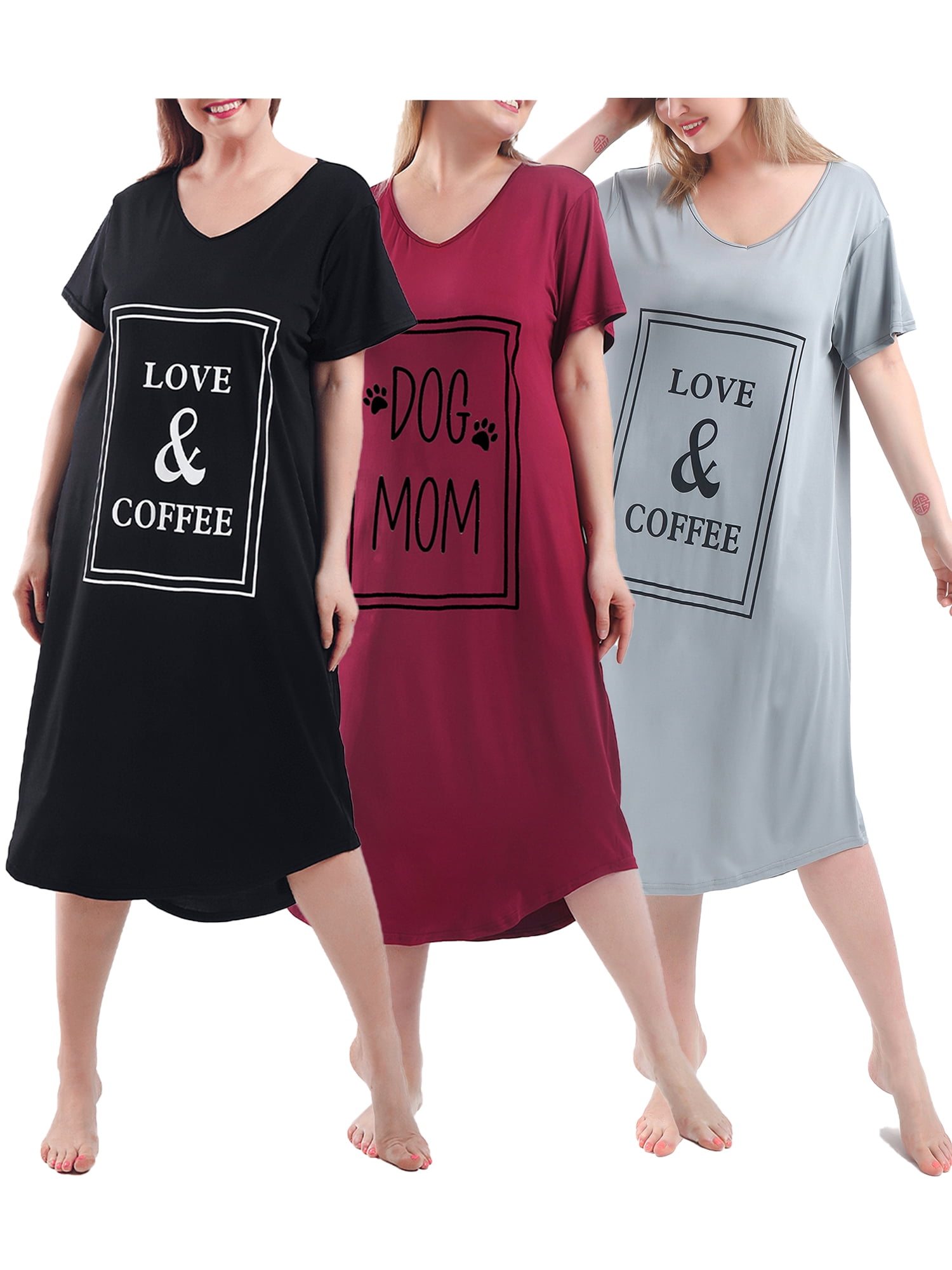 FEREMO Nightgown for Women Plus Size Long Sleepwear Printed Comfy Sleep ...