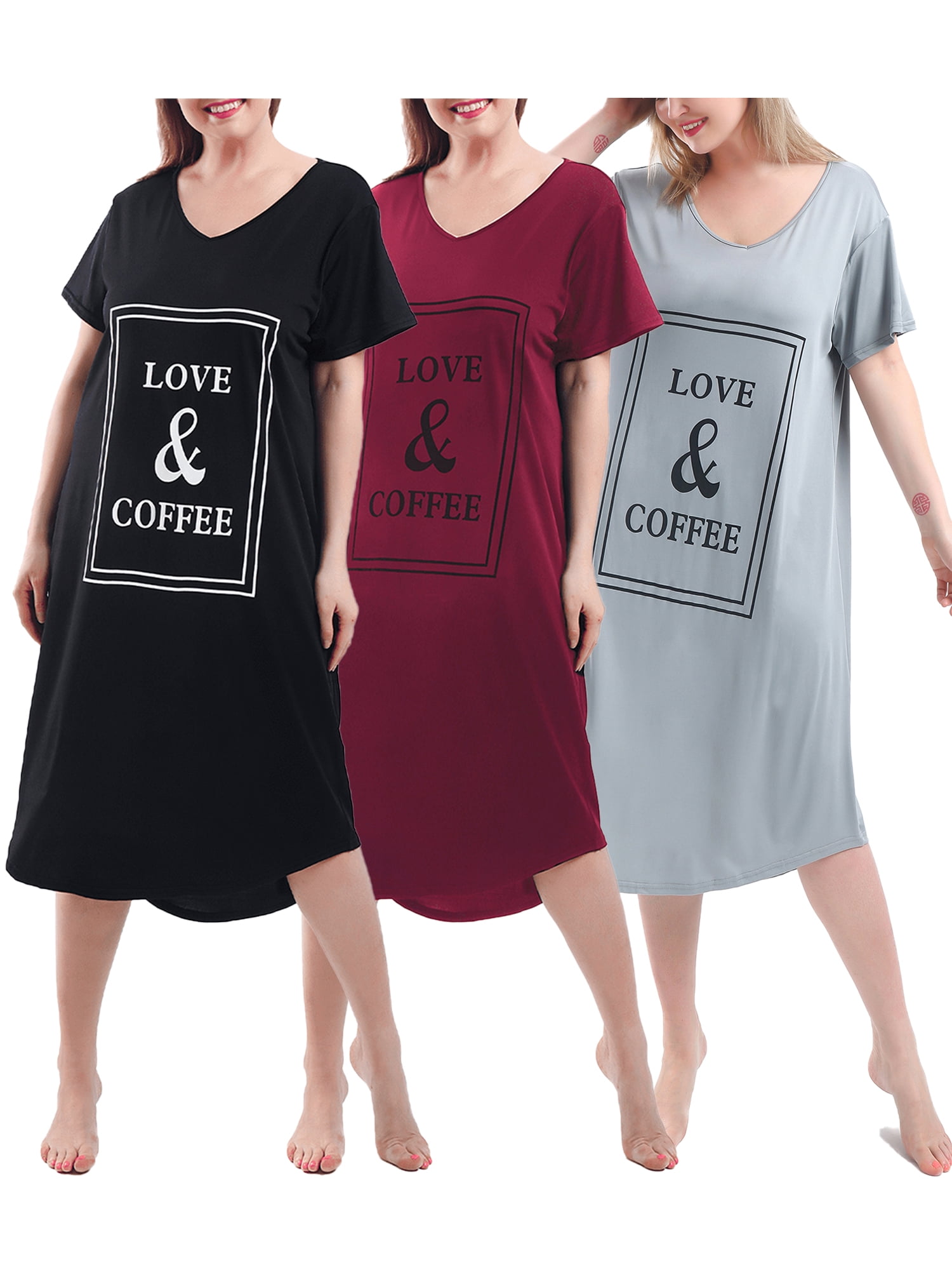 FEREMO Women's Plus Size Nightshirts, 3 Pack Long Sleepwear, Comfy ...
