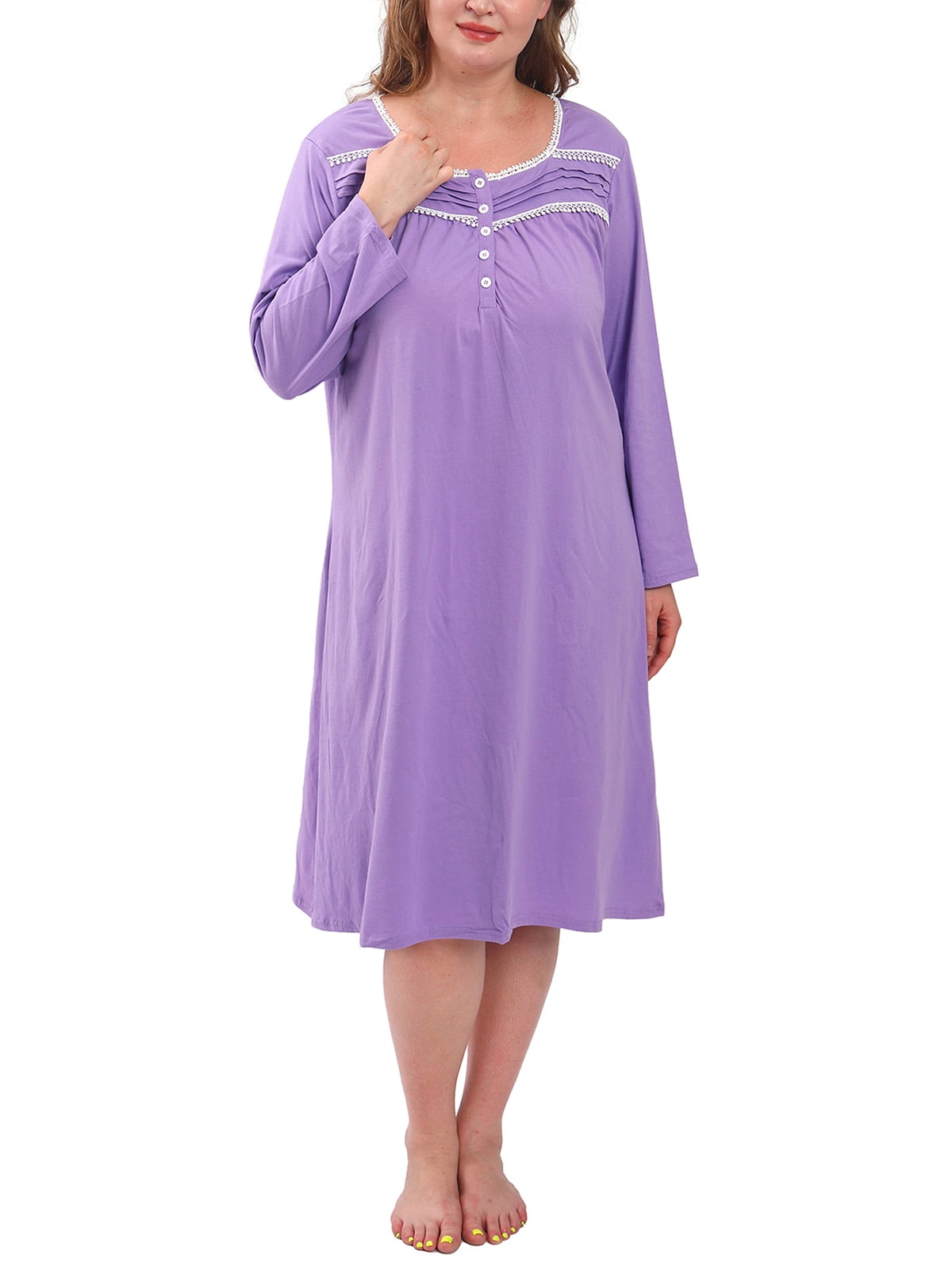 FEREMO Nightgowns for Women Plus Size 100% Cotton Long Sleeve Sleep ...