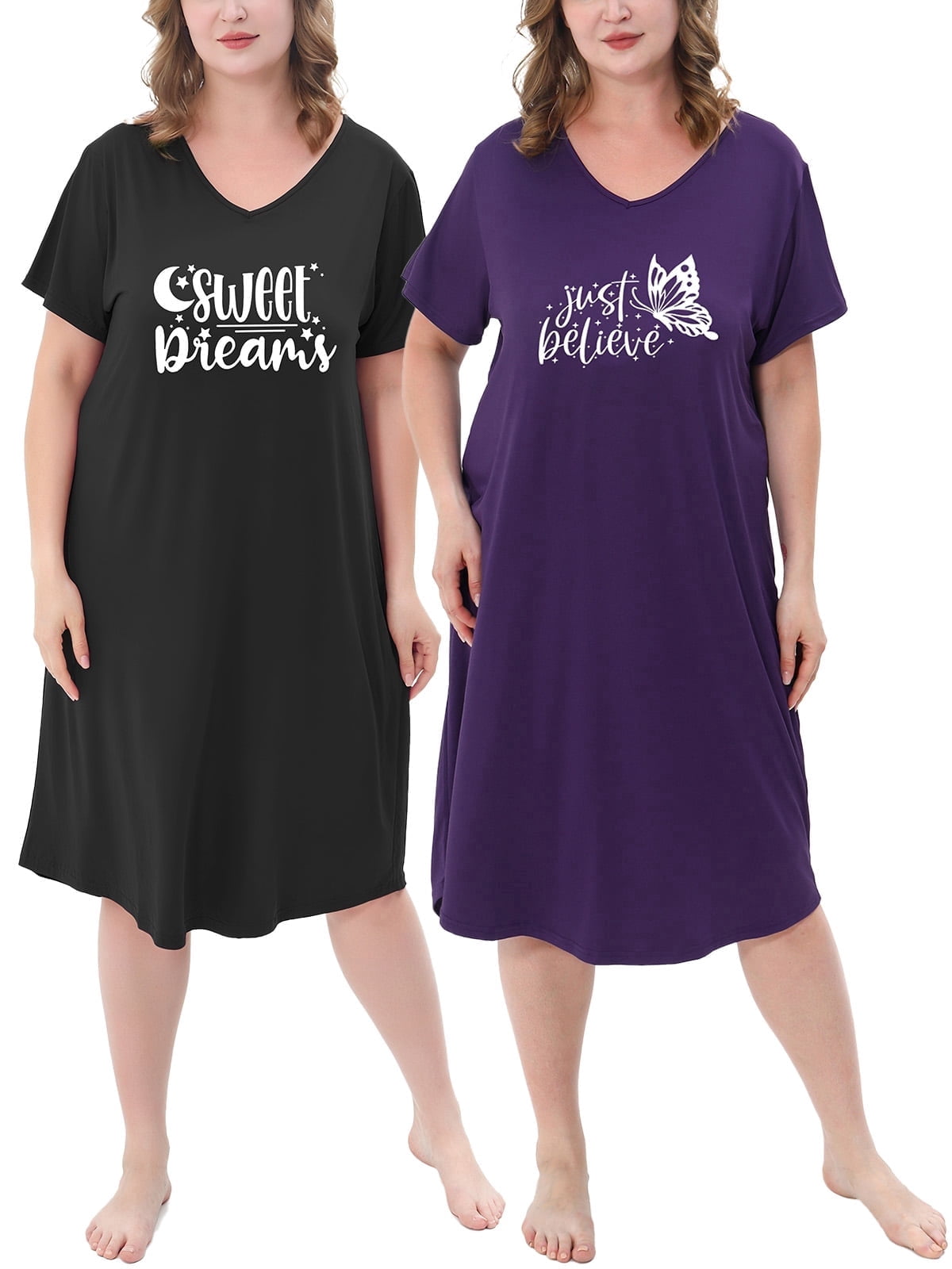 FEREMO Nightgowns for Women Plus Size V Neck Print Soft Sleepwear 2 ...