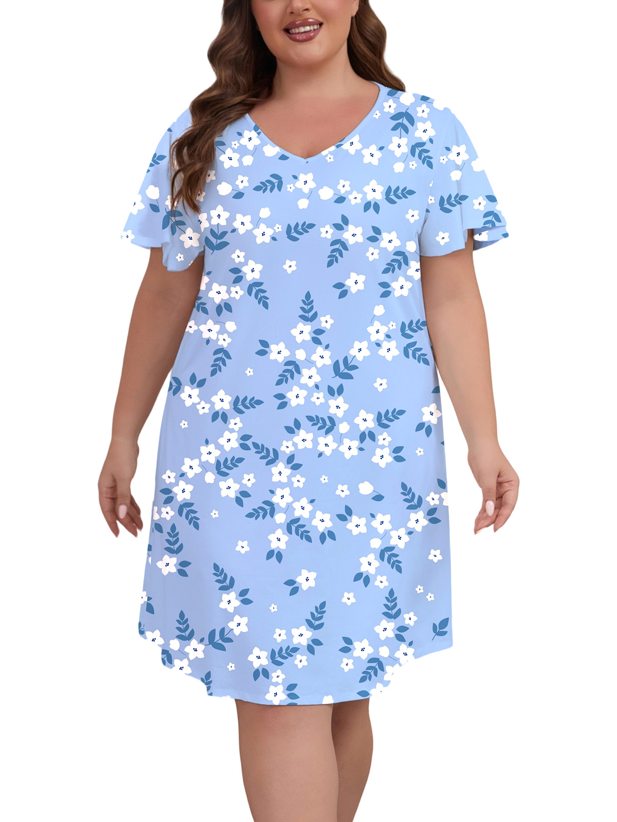 FEREMO Plus Size Nightgowns for Women Floral Print Nightshirt V Neck ...