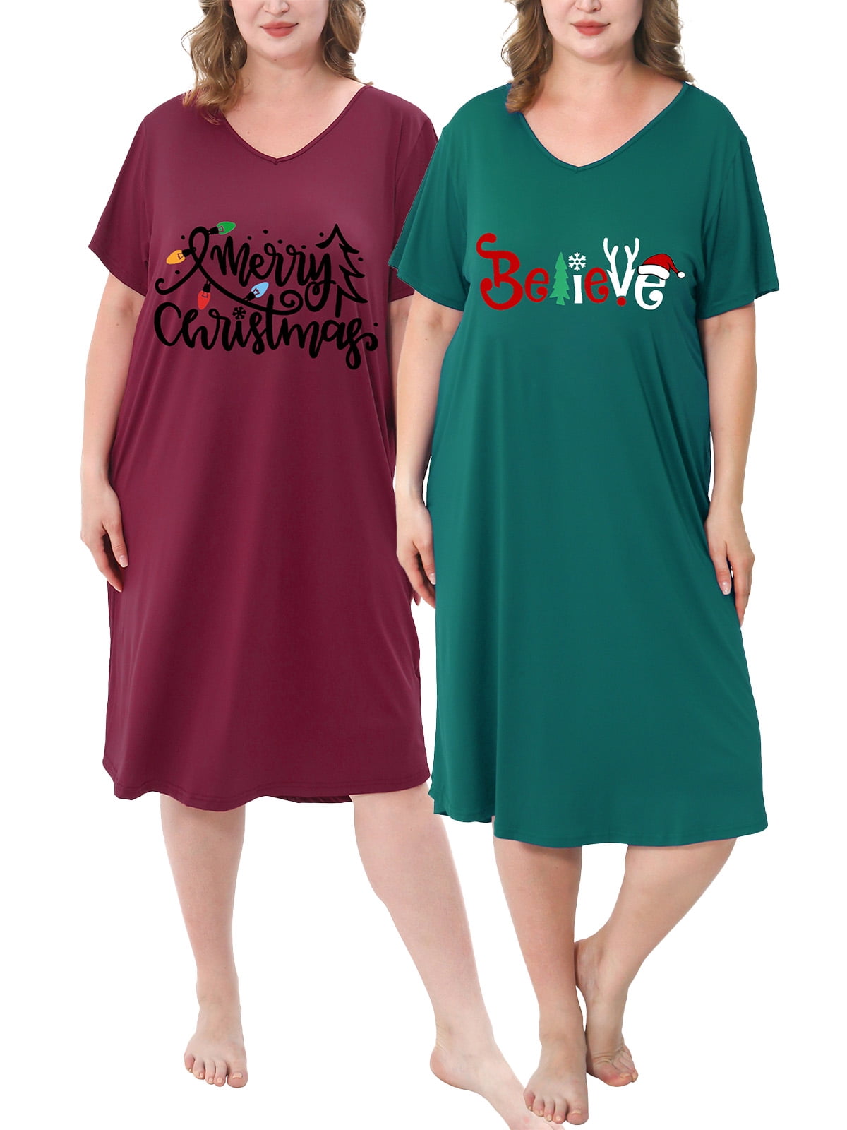 FEREMO Plus Size Nightgowns for Women Short Sleeve Printed Sleepwear 2 ...