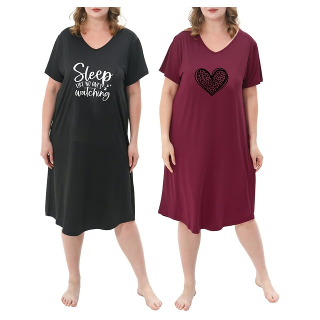 FEREMO Plus Size Nightgowns for Women Short Sleeve Printed Sleepwear ...