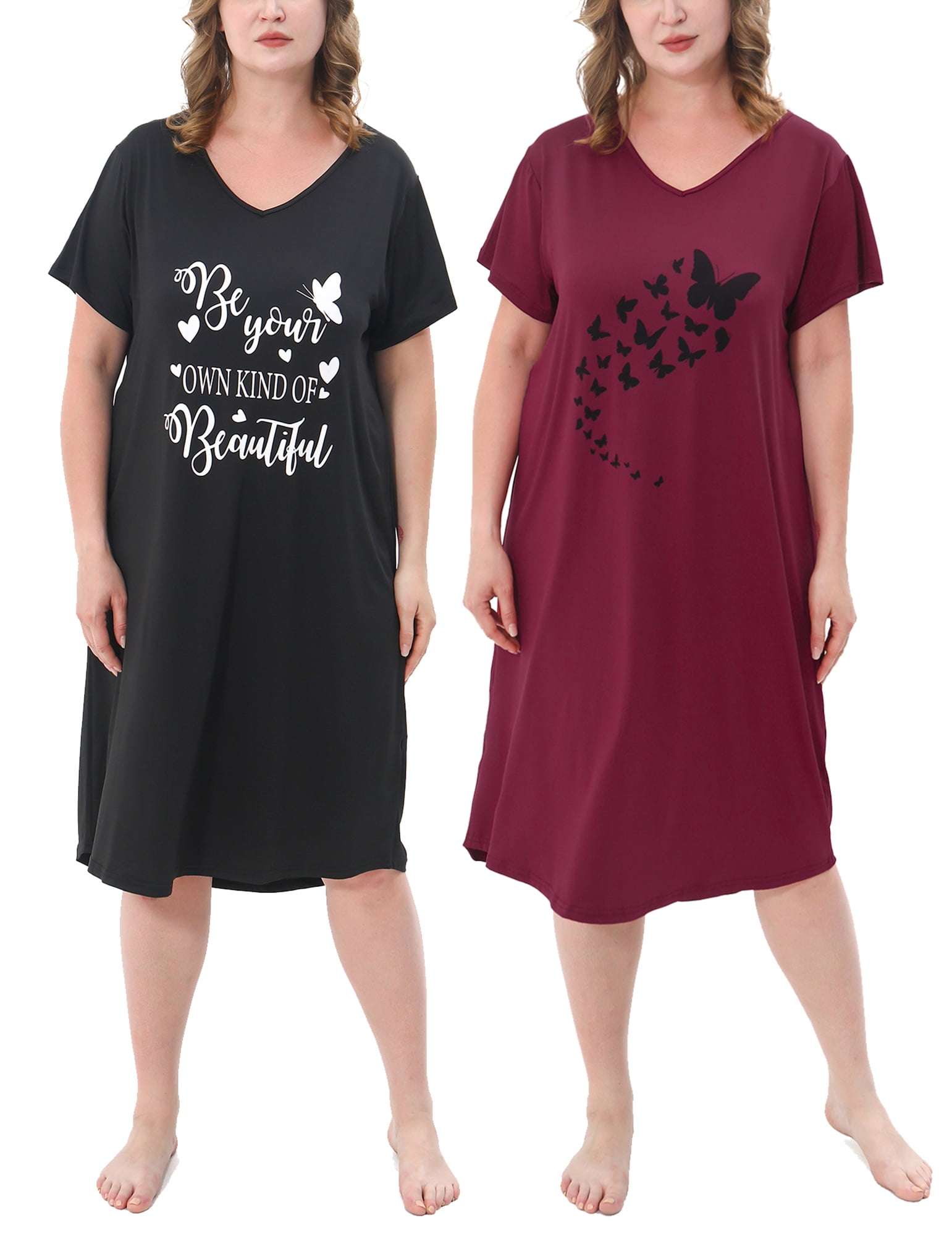 FEREMO Plus Size Women's Nightgowns, 2 Pack Short Sleeve Printed ...