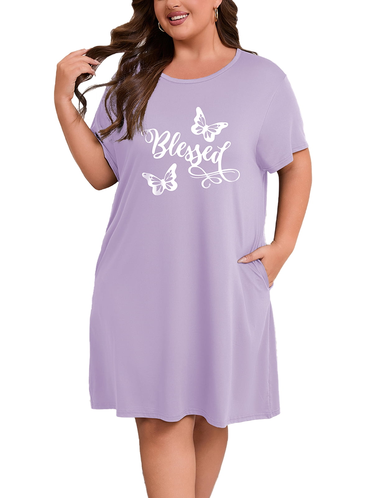 FEREMO Plus Size Nightgowns for Women Short Sleeve Sleepshirt Knee Length Sleepwear with Pockets ...
