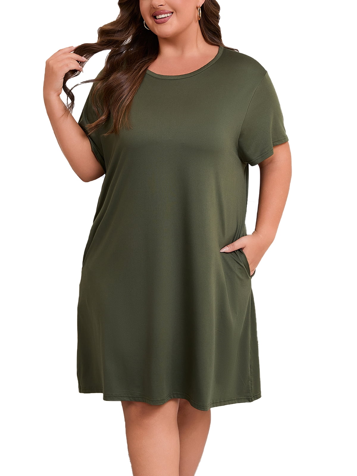 FEREMO Plus Size Nightgowns for Women Short Sleeve Sleepshirt Knee Length Sleepwear with Pockets ...