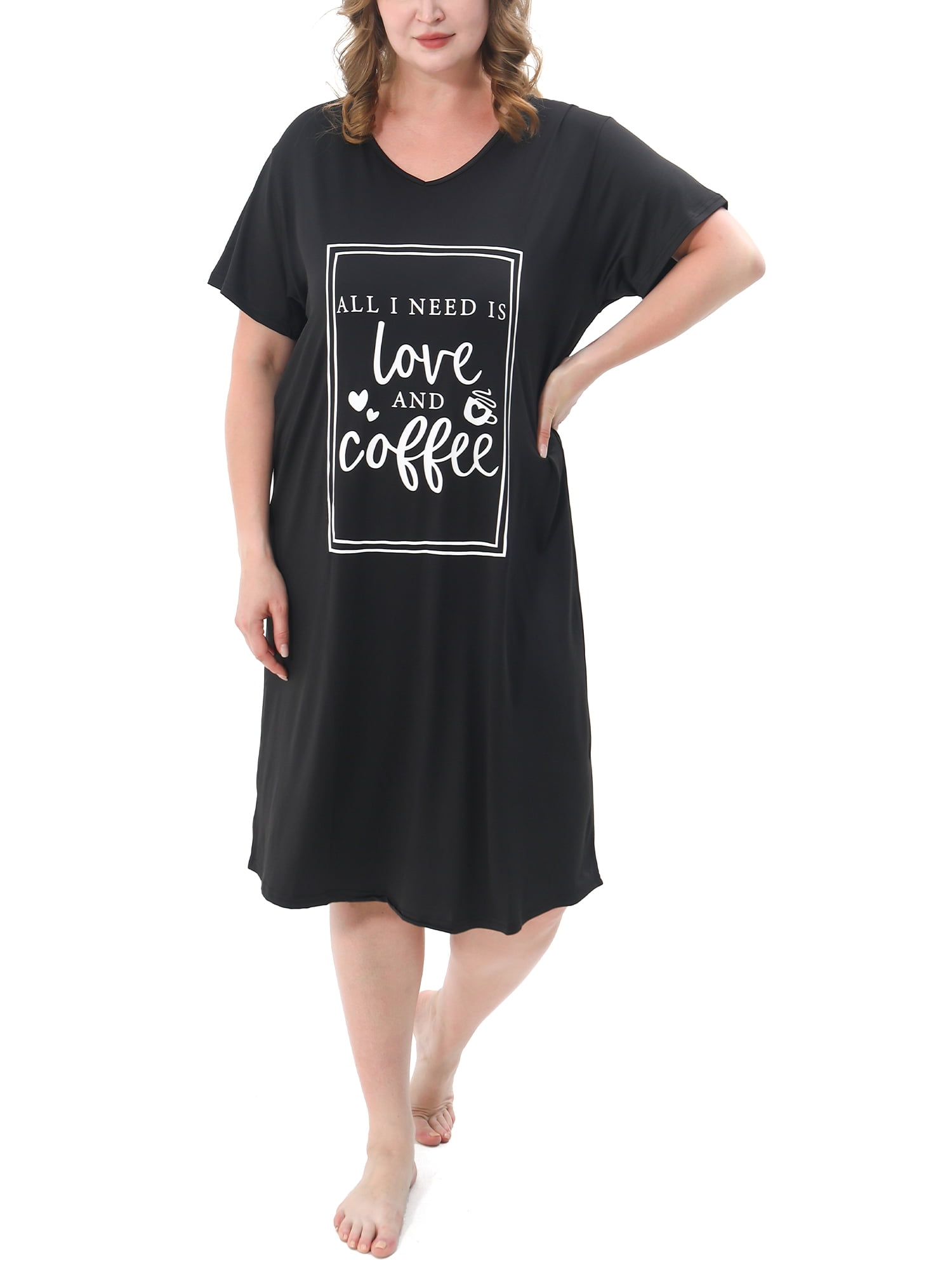 FEREMO Plus Size Nightgowns for Women V Neck Short Sleeve Nightshirts ...