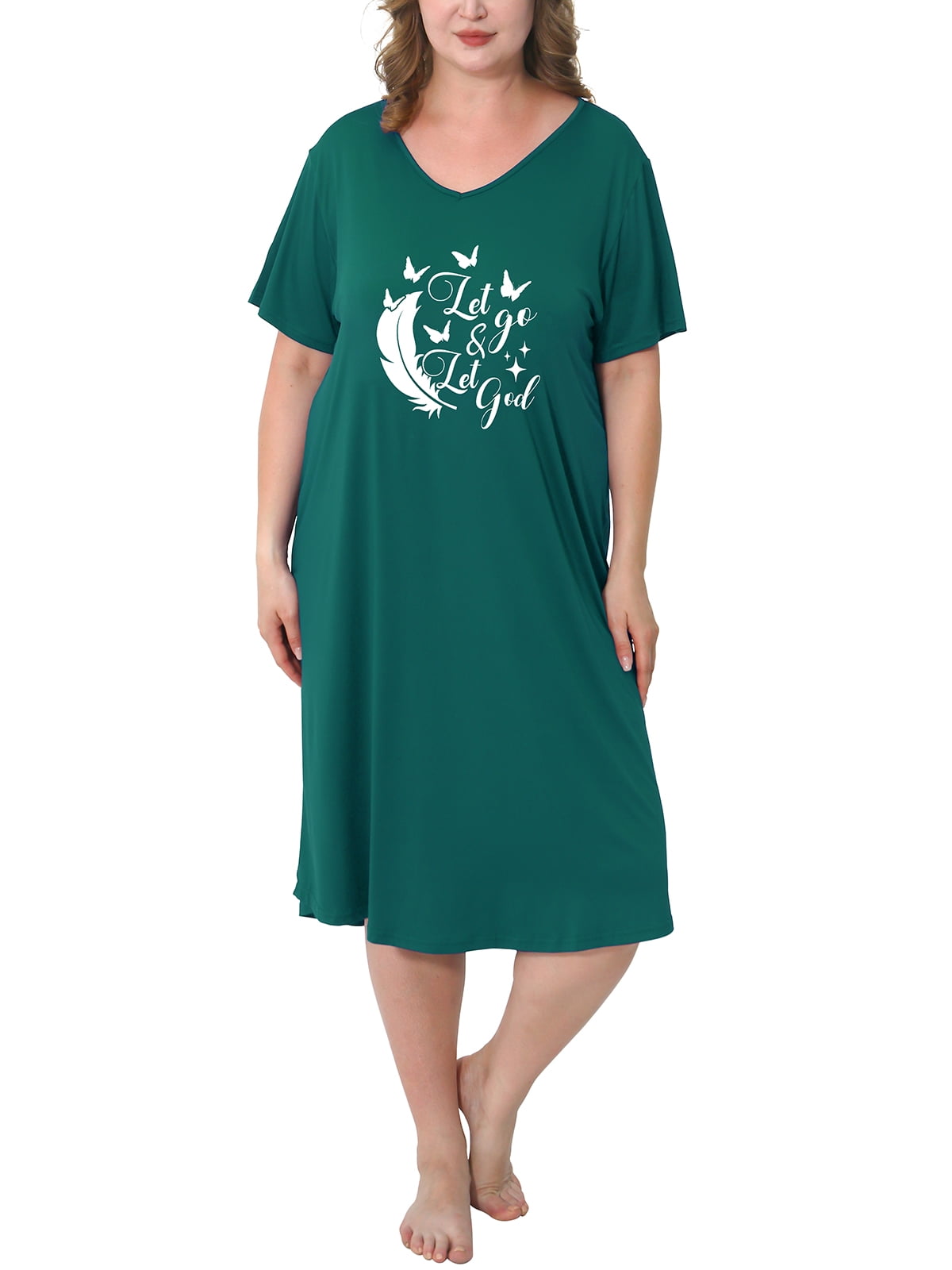 FEREMO Plus Size Nightgowns for Women V Neck Short Sleeve Sleepwear ...