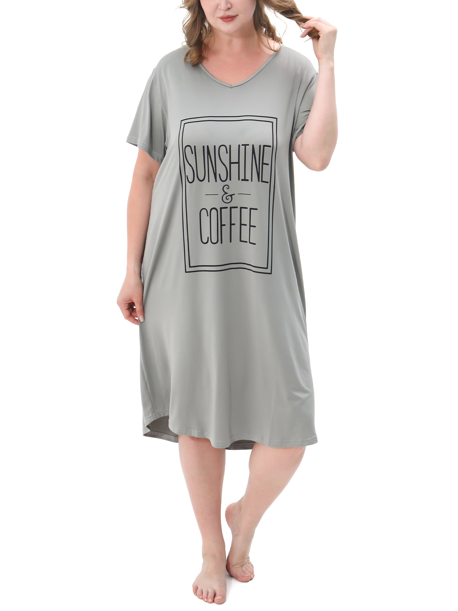 FEREMO Plus Size Nightgowns for Women, V Neck, Short Sleeve Sleepwear ...