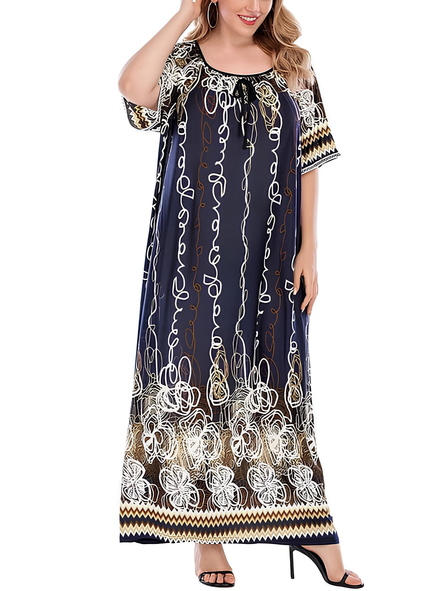 FEREMO Plus Size Women's Nightgown Floral Printed Maxi Short Sleeve ...