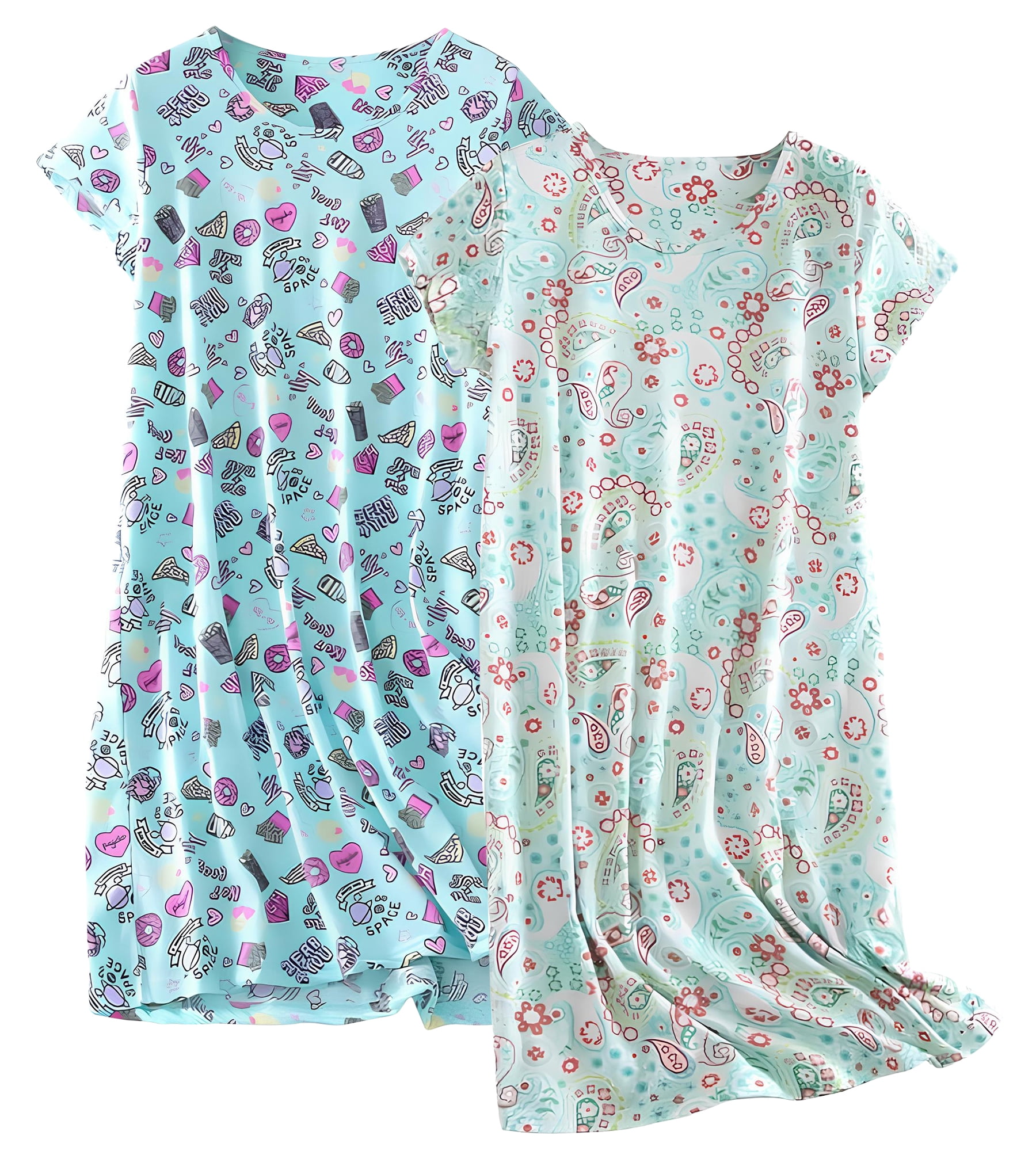 FEREMO Sleepwear for Women 2 Pack Cotton Printed Sleepshirt Loungewear ...