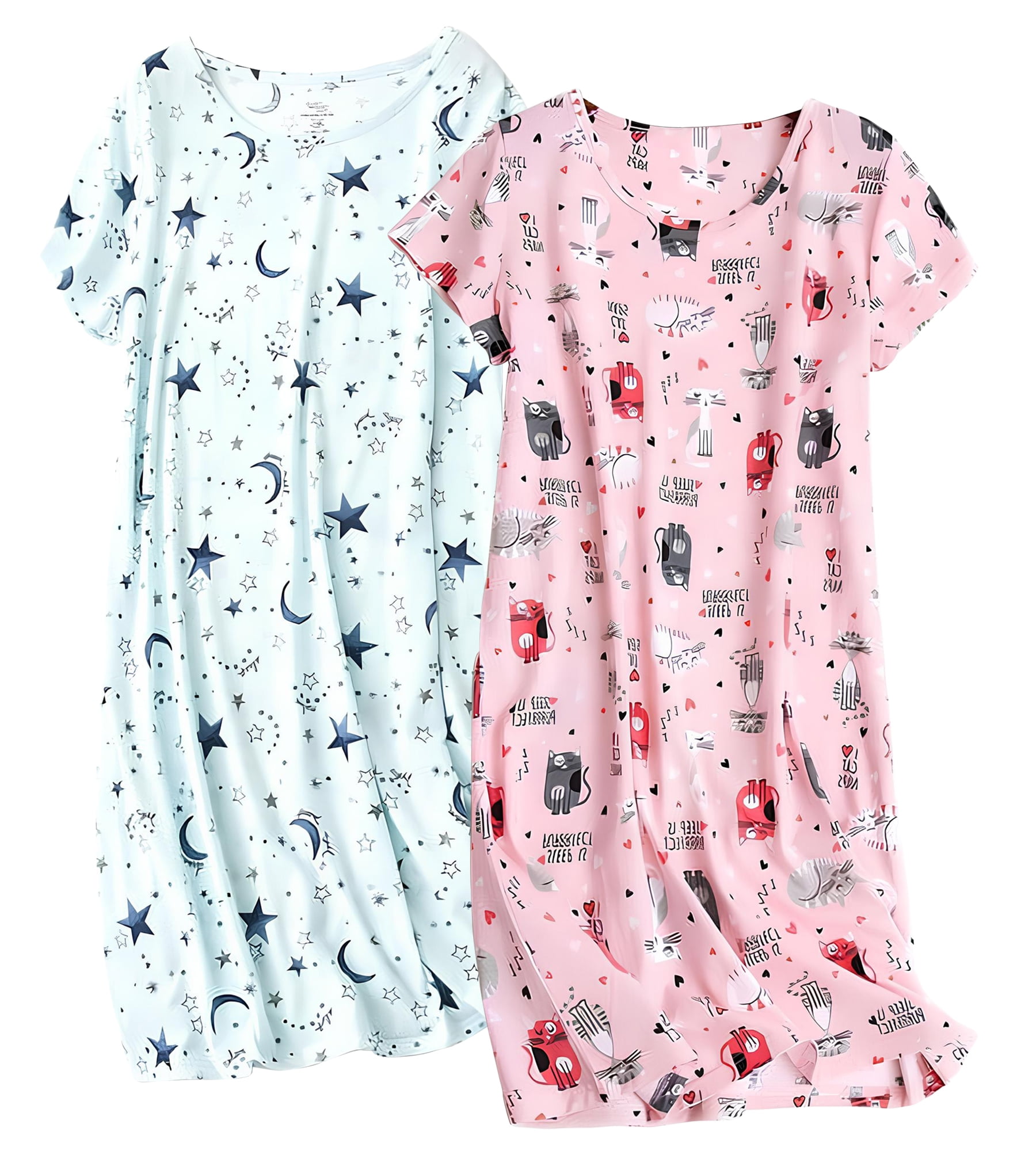 FEREMO Sleepwear for Women 2 Pack Cotton Printed Sleepshirt Loungewear ...