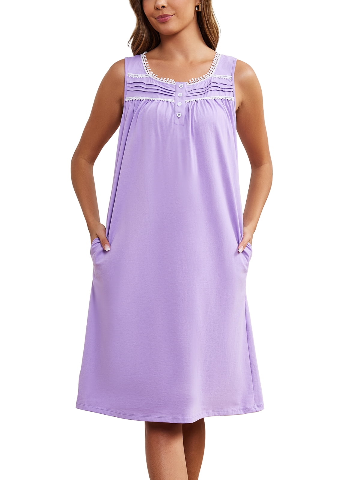 FEREMO Women's Sleeveless Nightgown 100% Cotton V Neck Sleepwear with ...