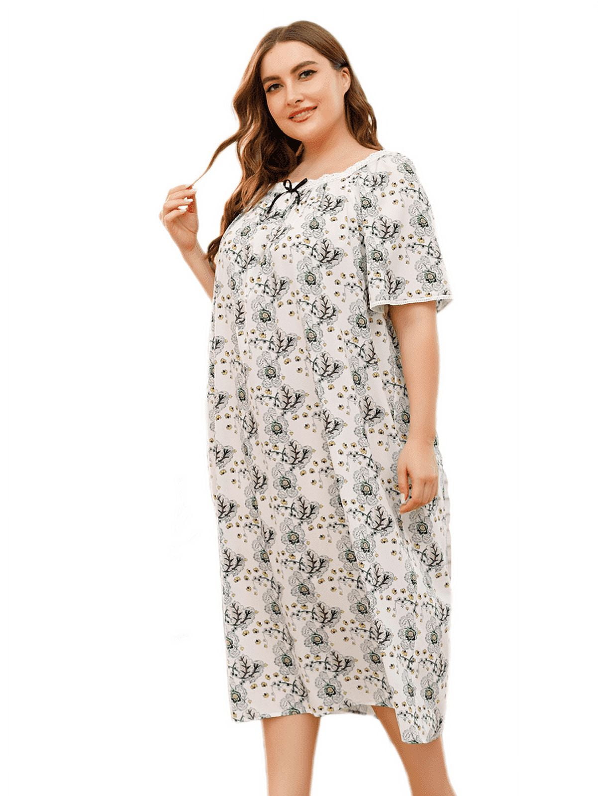 FEREMO Women's Plus Size Sleepwear Short Sleeve Lace Patchwork Dress ...