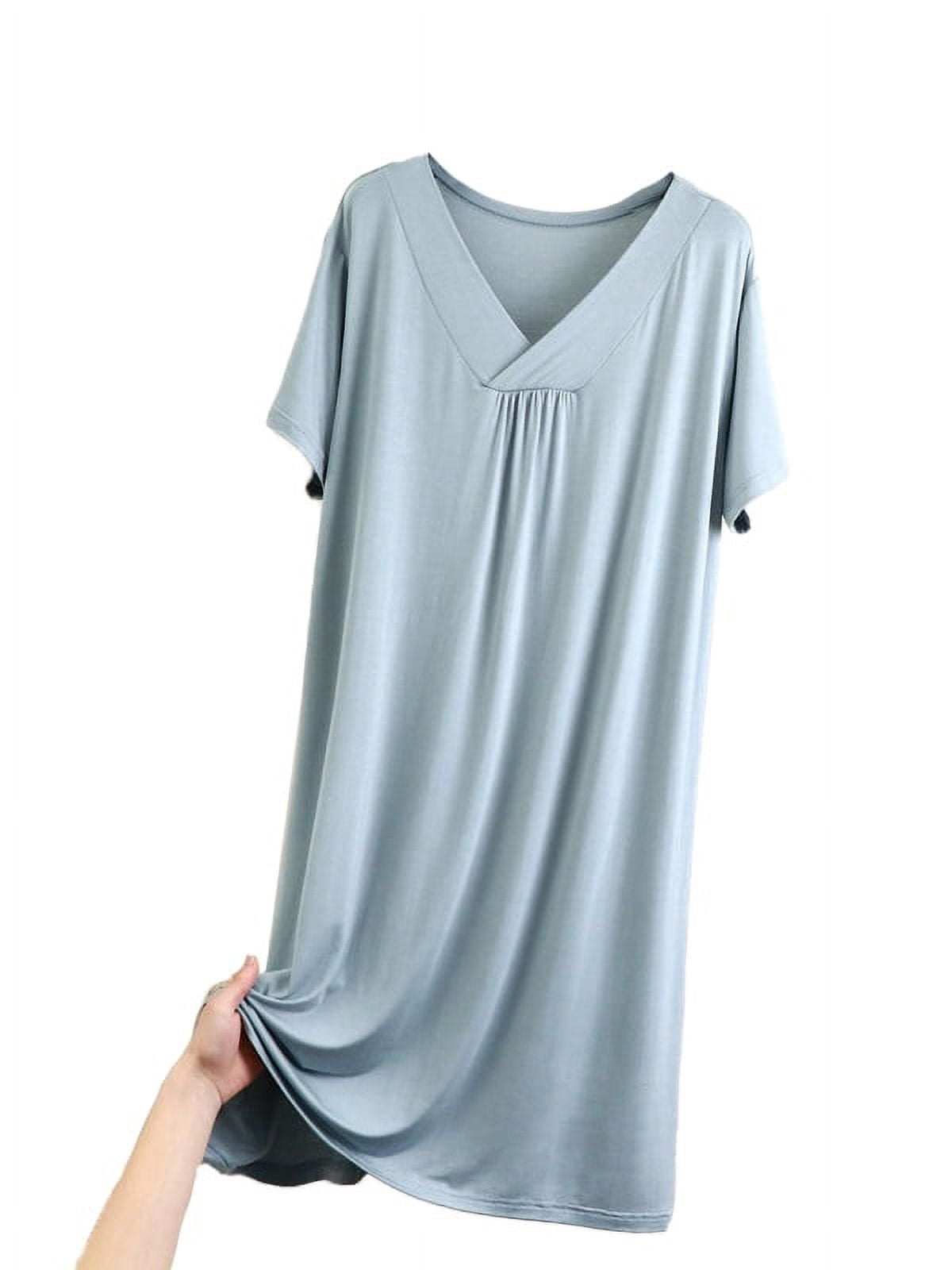 FEREMO Women's Sleepwear Modal Sleep Dress V-Neck Short Sleeve Pleated ...