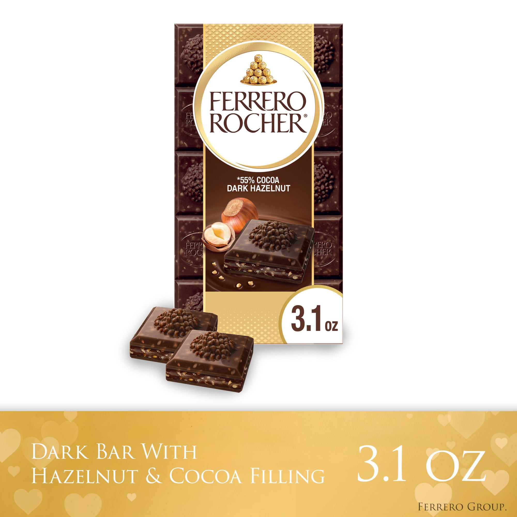 FERRERO ROCHER Dark Chocolate Bar with Hazelnut & Cocoa Filling, 3.1oz ...