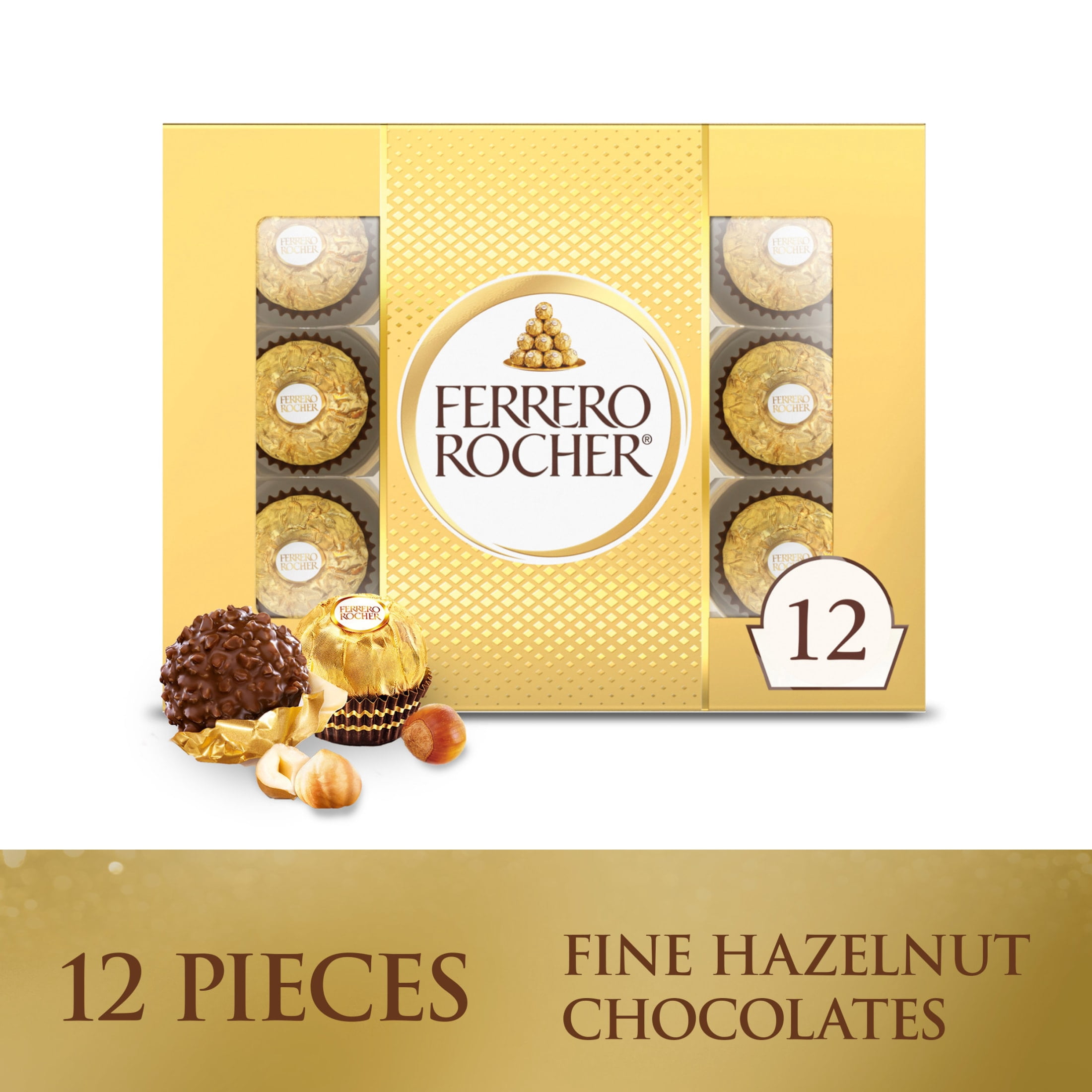 Ferrero Rocher, Gourmet Hazelnut Milk Chocolate Gift Box, 12ct ...
