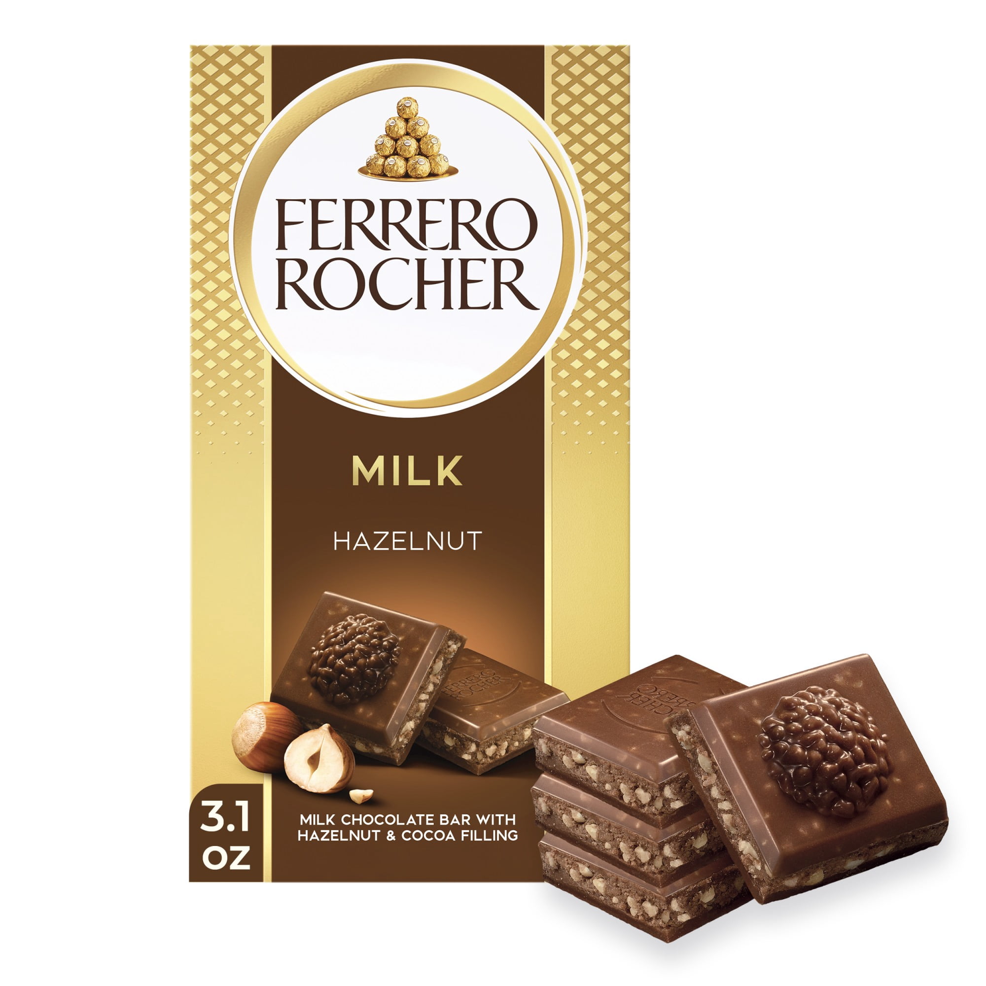 Ferrero Rocher Milk Chocolate Hazelnut Bar 3.1 oz with Creamy Hazelnut ...