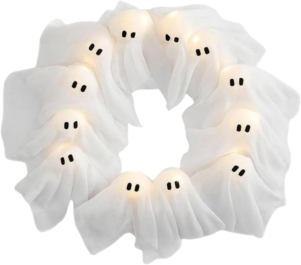 FESTILA 2025 New Handmade Lit Ghosts Wreath, Cute Ghost Front Door ...