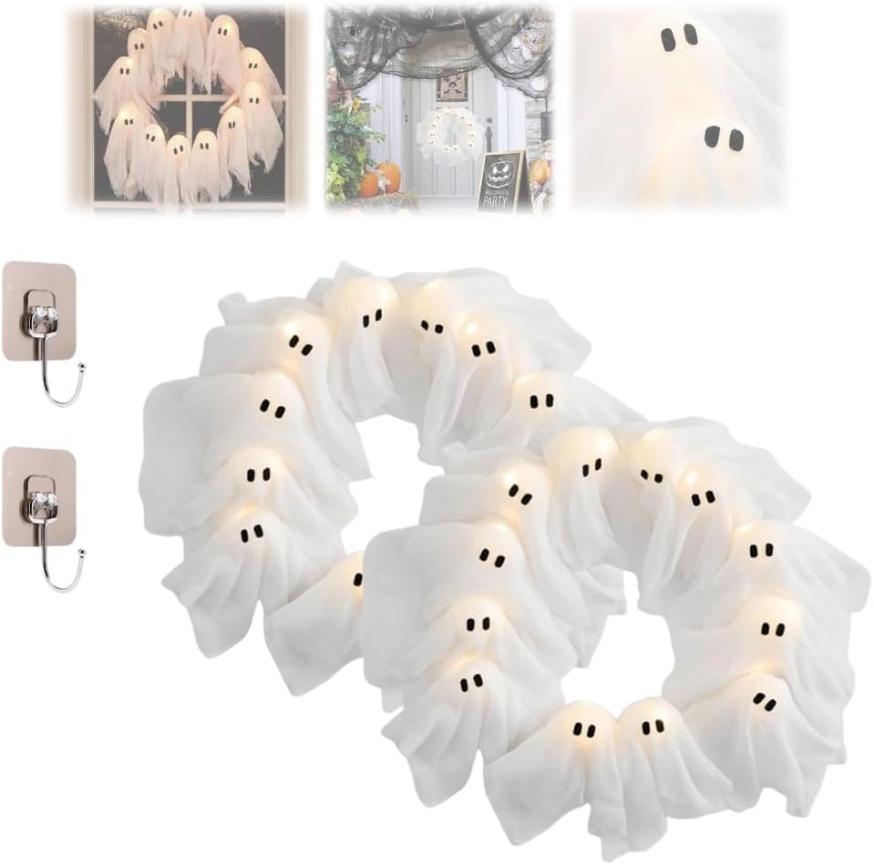 FESTILA Halloween DIY Lit Ghosts Door Wreath, LED Light-Up White Ghost ...
