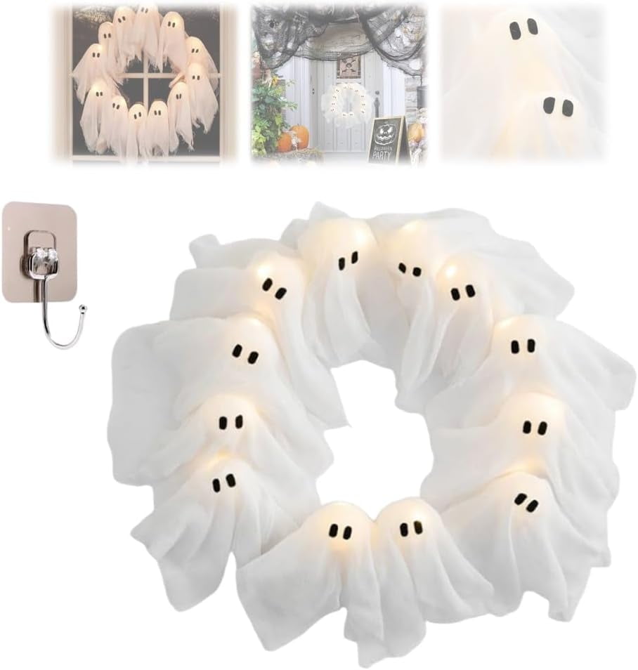FESTILA Halloween DIY Lit Ghosts Door Wreath, LED Light-Up White Ghost Garland, Spooky Indoor ...
