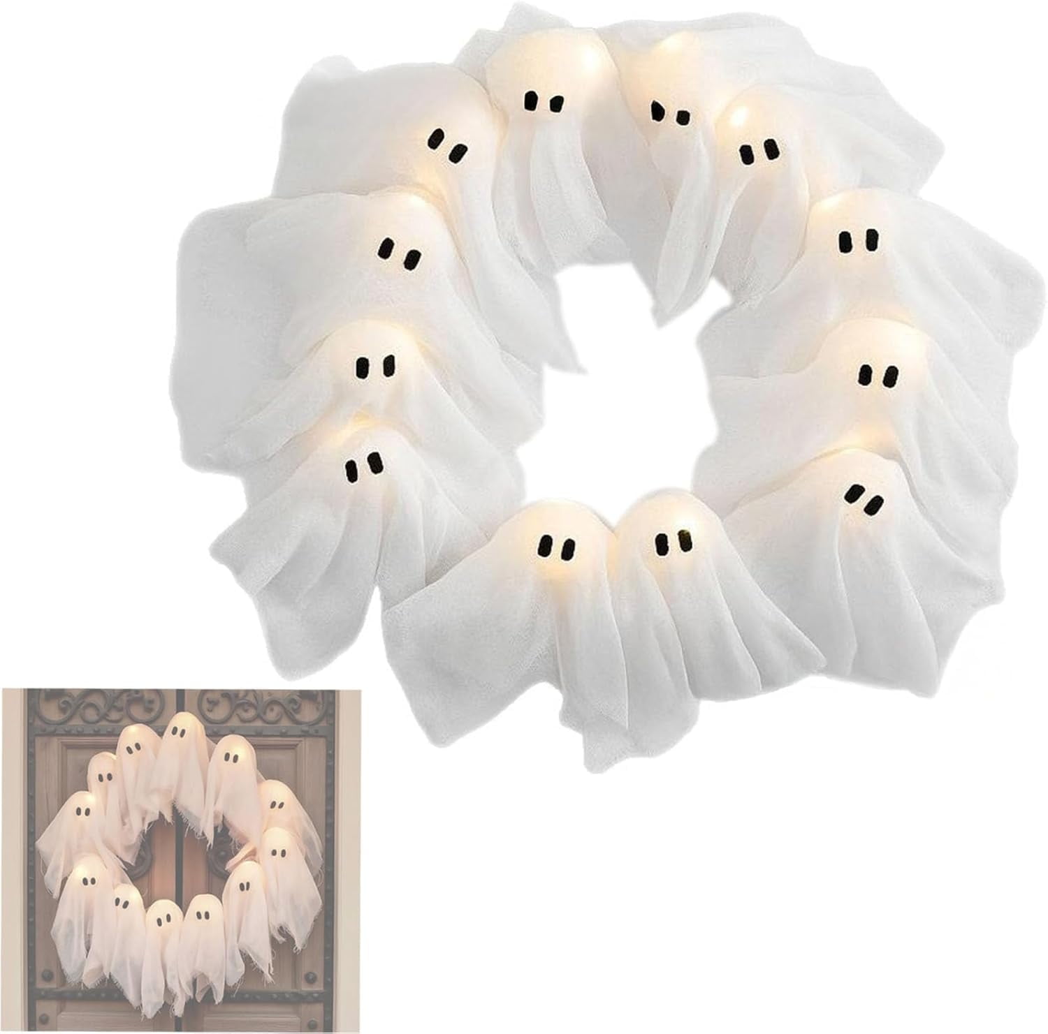 FESTILA Lit Ghosts Wreath, Halloween Ghost Wreath, Battery Powered ...