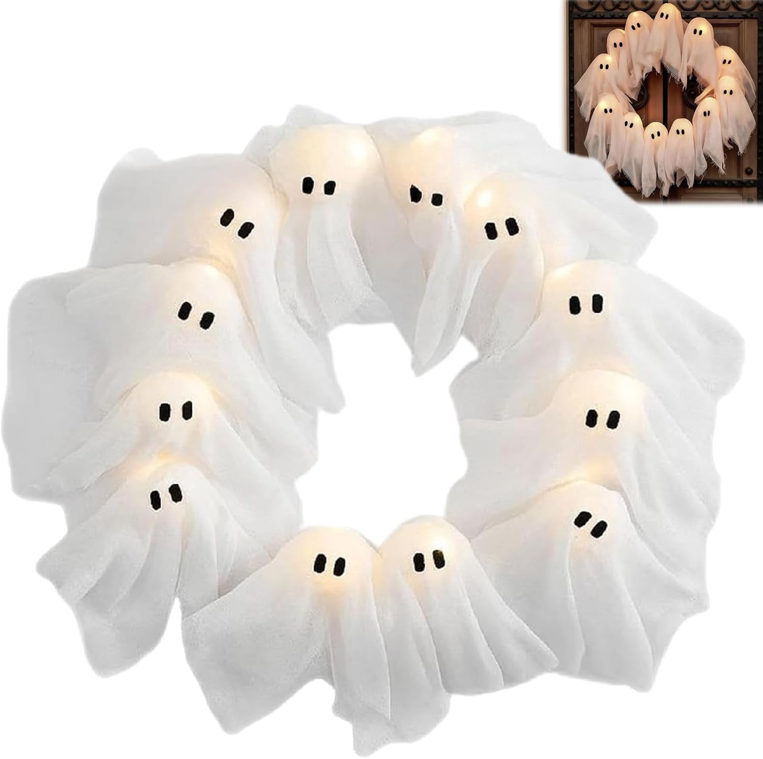 FESTILA Lit Ghosts Wreath, Halloween Ghost Wreath for Front Door - 12 ...