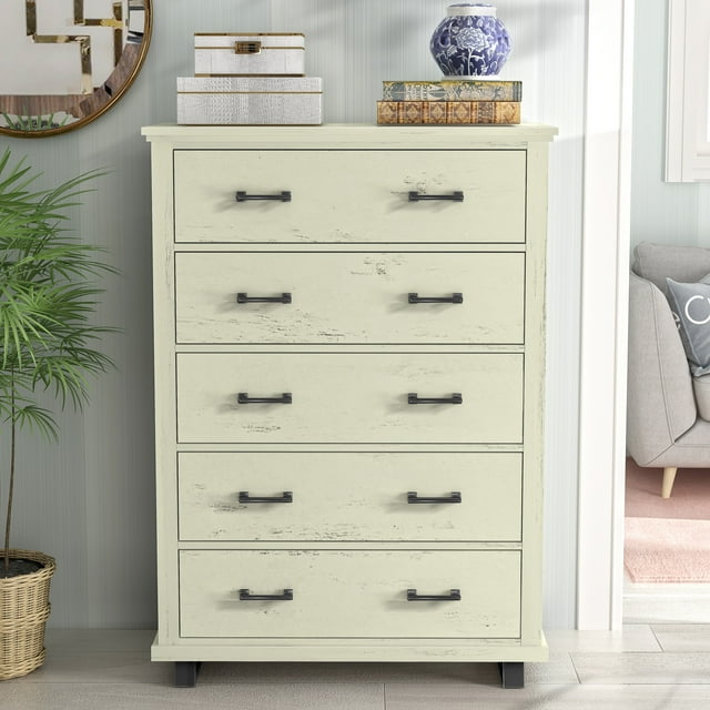 FESTIVO 38 inch Wide Wood 5-Drawer Tall Dresser - Antique White ...