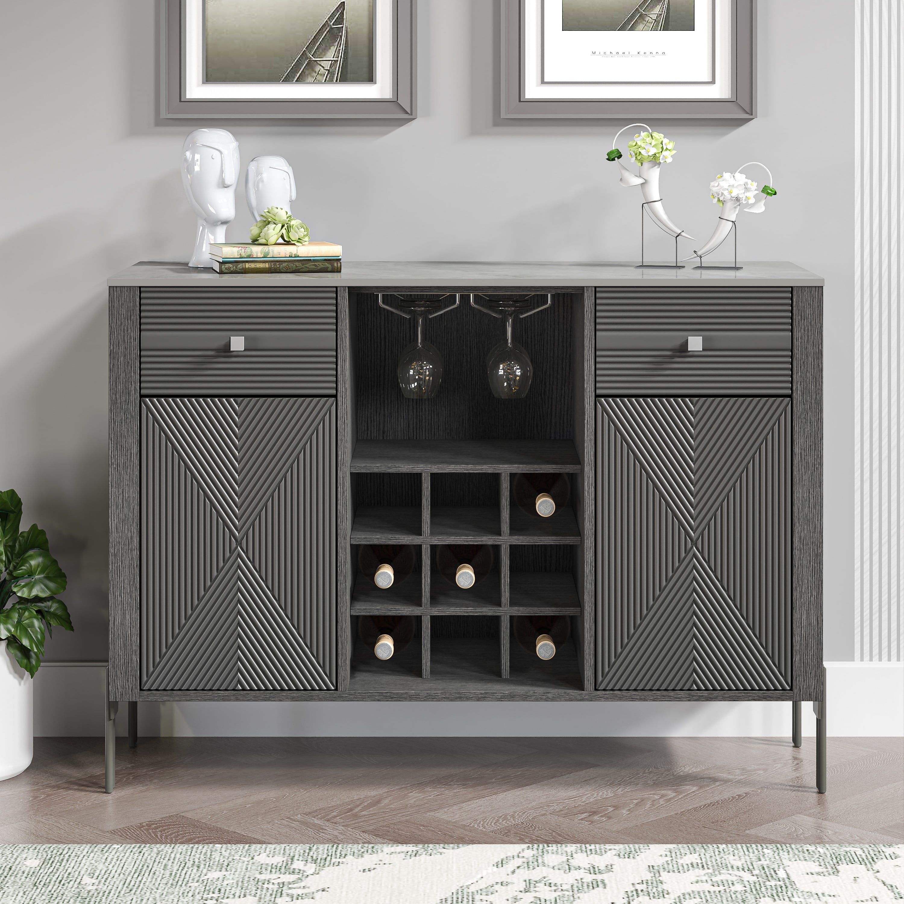 FESTIVO 42" Modern Wine Cabinet with Metal Glass Rack and Drawers ...