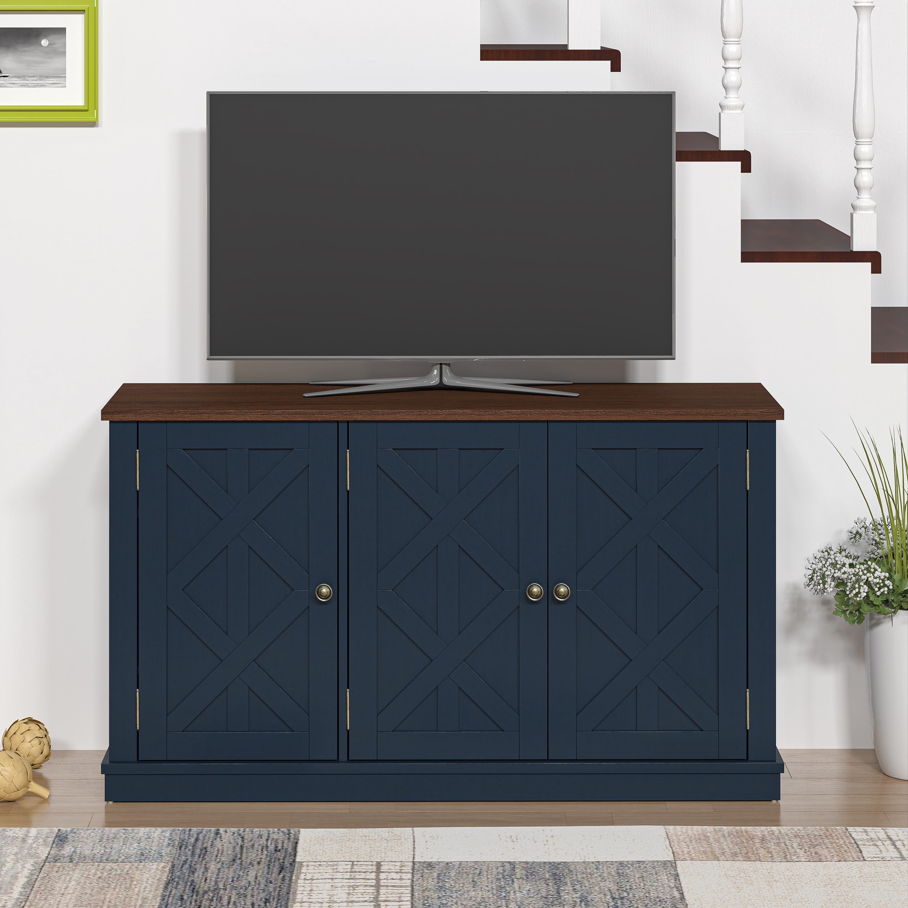 FESTIVO 48 in. Rustic Natural Wood TV Stand - Up to 55 in. TVs - Navy ...