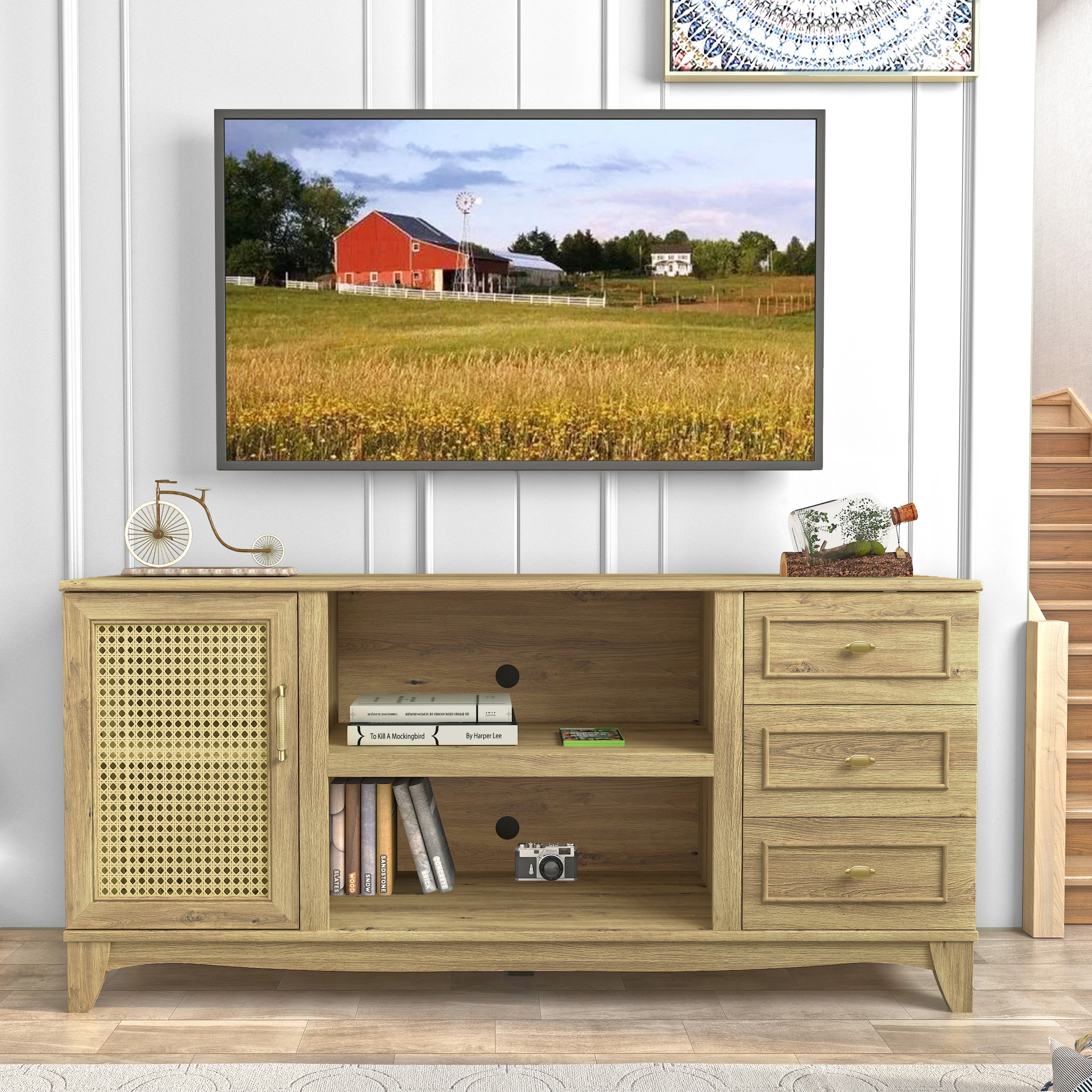 FESTIVO 60 in. Farmhouse Natural Wood TV Stand for TVs up to 65 in ...