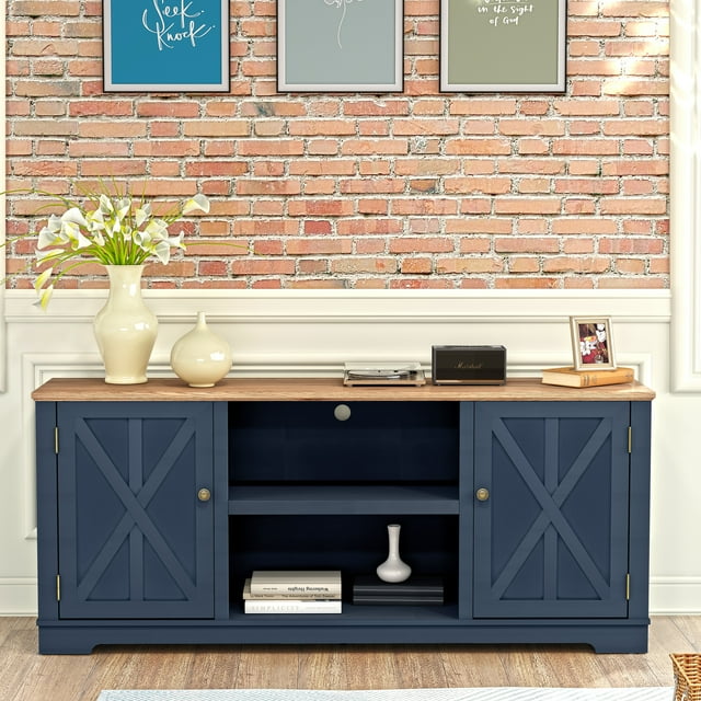 FESTIVO 70 in. Navy Farmhouse TV Stand for TVs up to 78 inch with ...