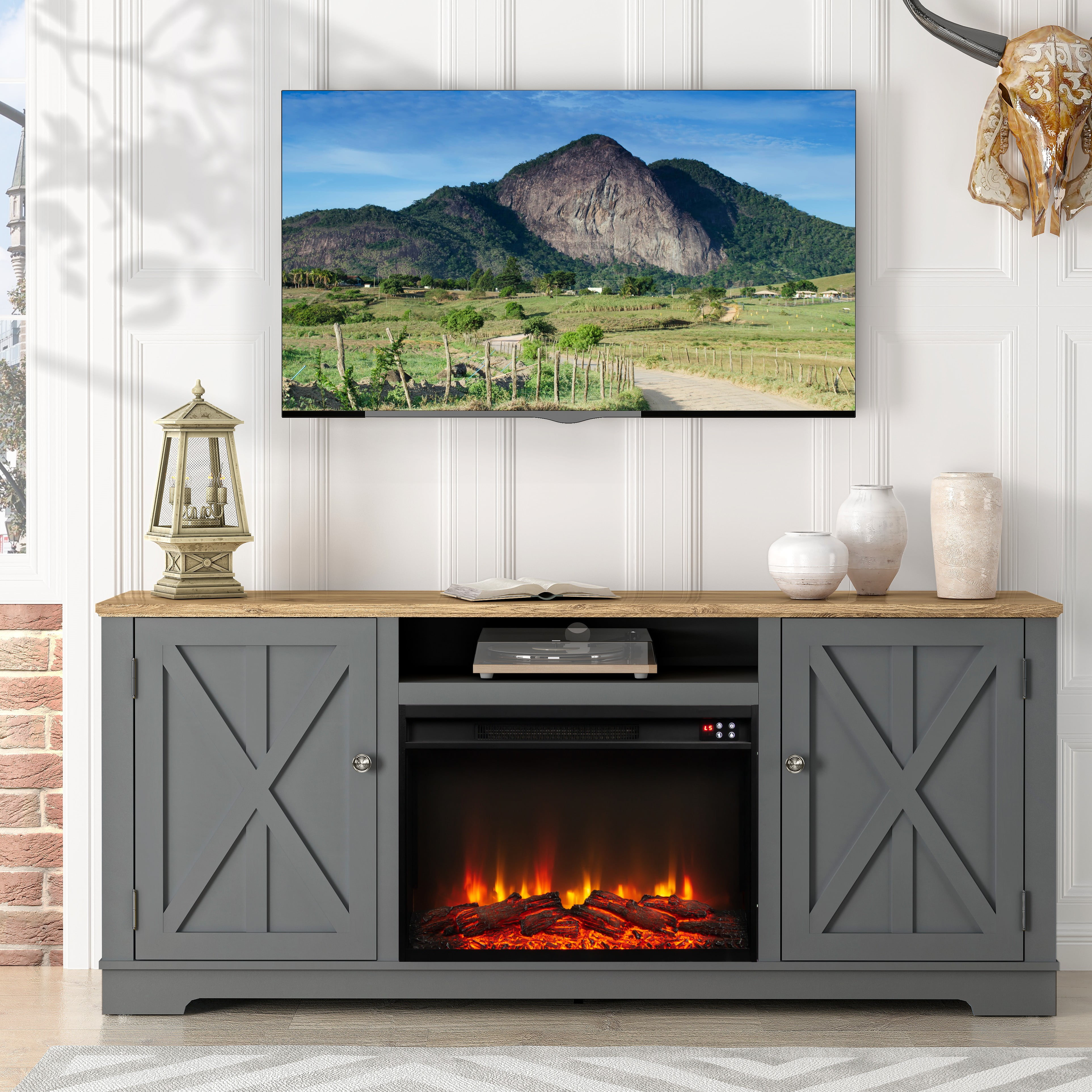 FESTIVO 70 in. Farmhouse TV Stand Console for TVs up to 78 inch w ...
