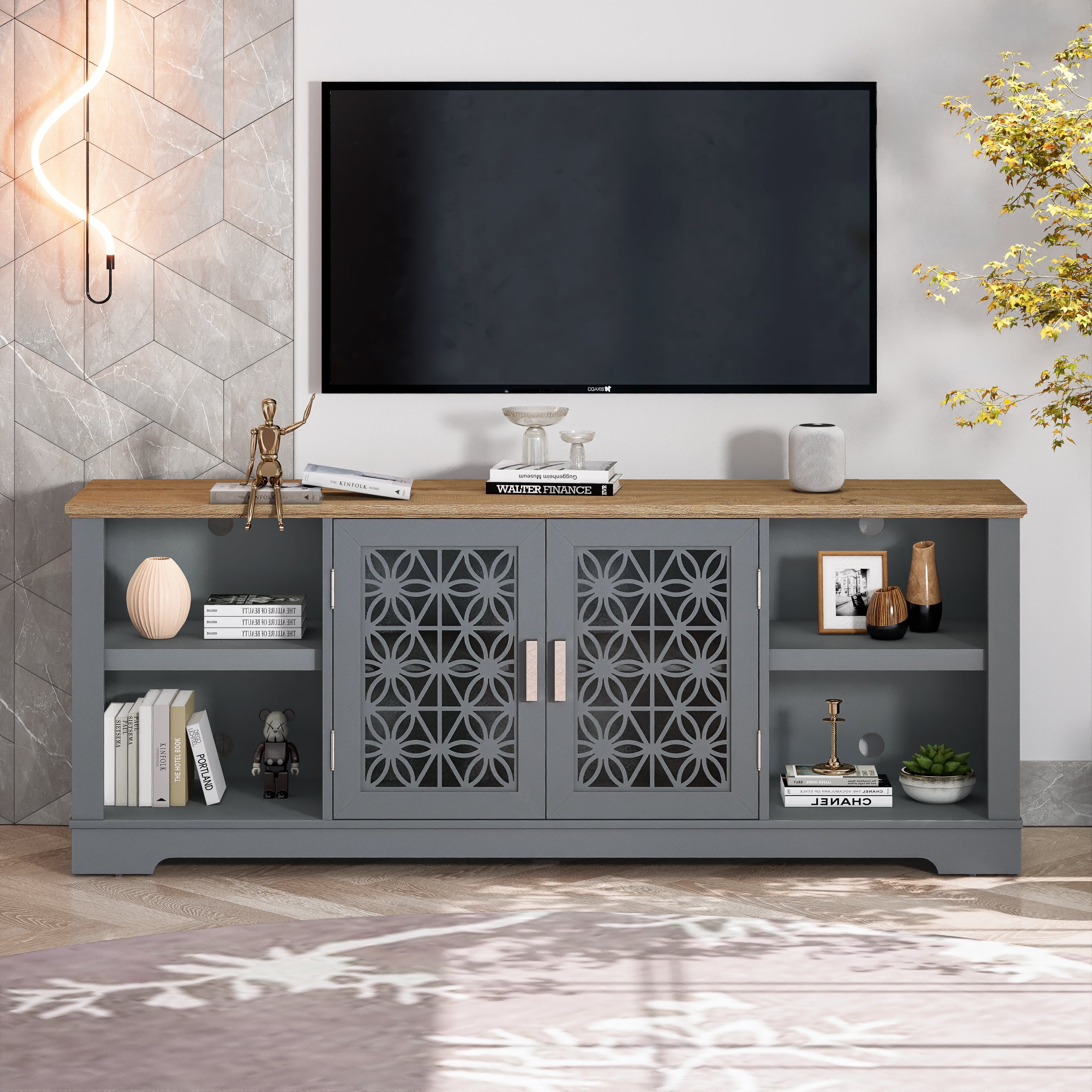 FESTIVO 70 in. Rustic TV Stand Console for up to 75 in. TV with Floral ...