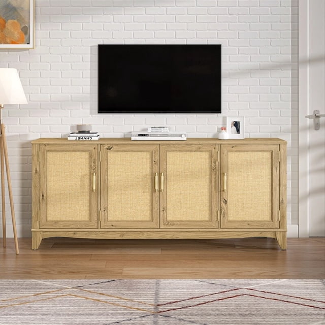 FESTIVO 71 in. Natural Wood TV Stand for TVs up to 80 in. with Storage ...