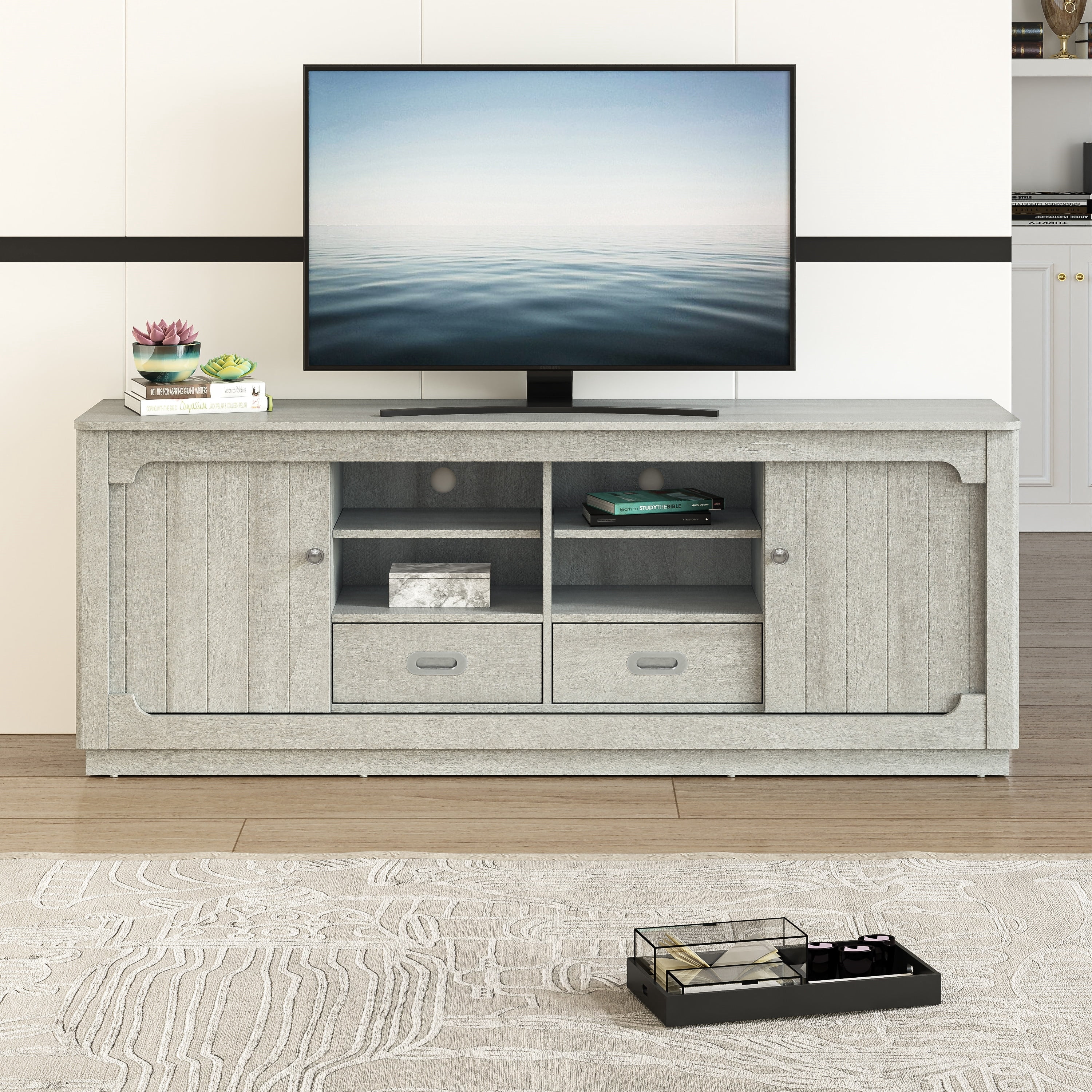 FESTIVO Modern TV Stand with Sliding Doors and 2 Drawers for TVs Up to ...