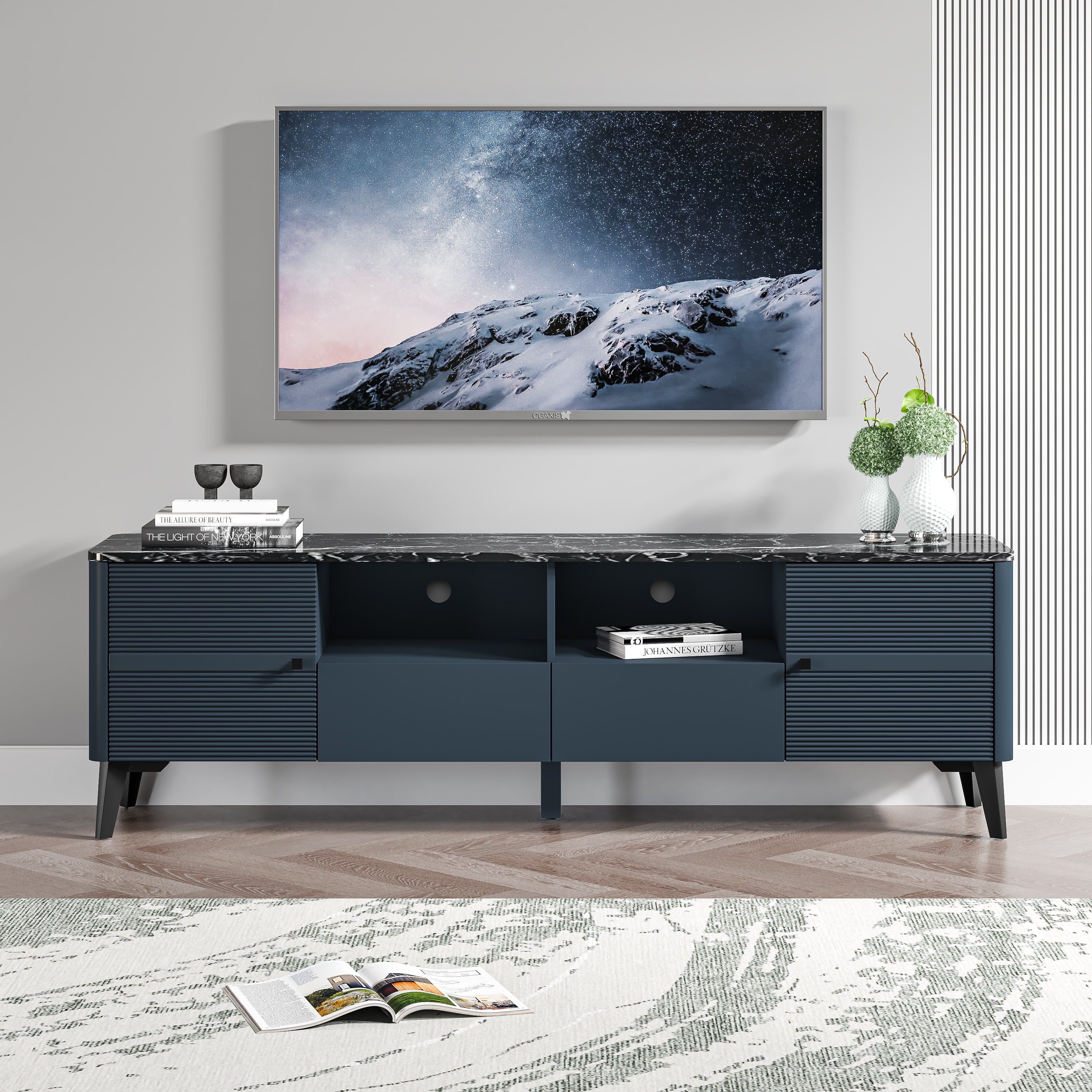FESTIVO Stylish 70-Inch TV Stand with Marble-Printed Top - Navy Blue ...